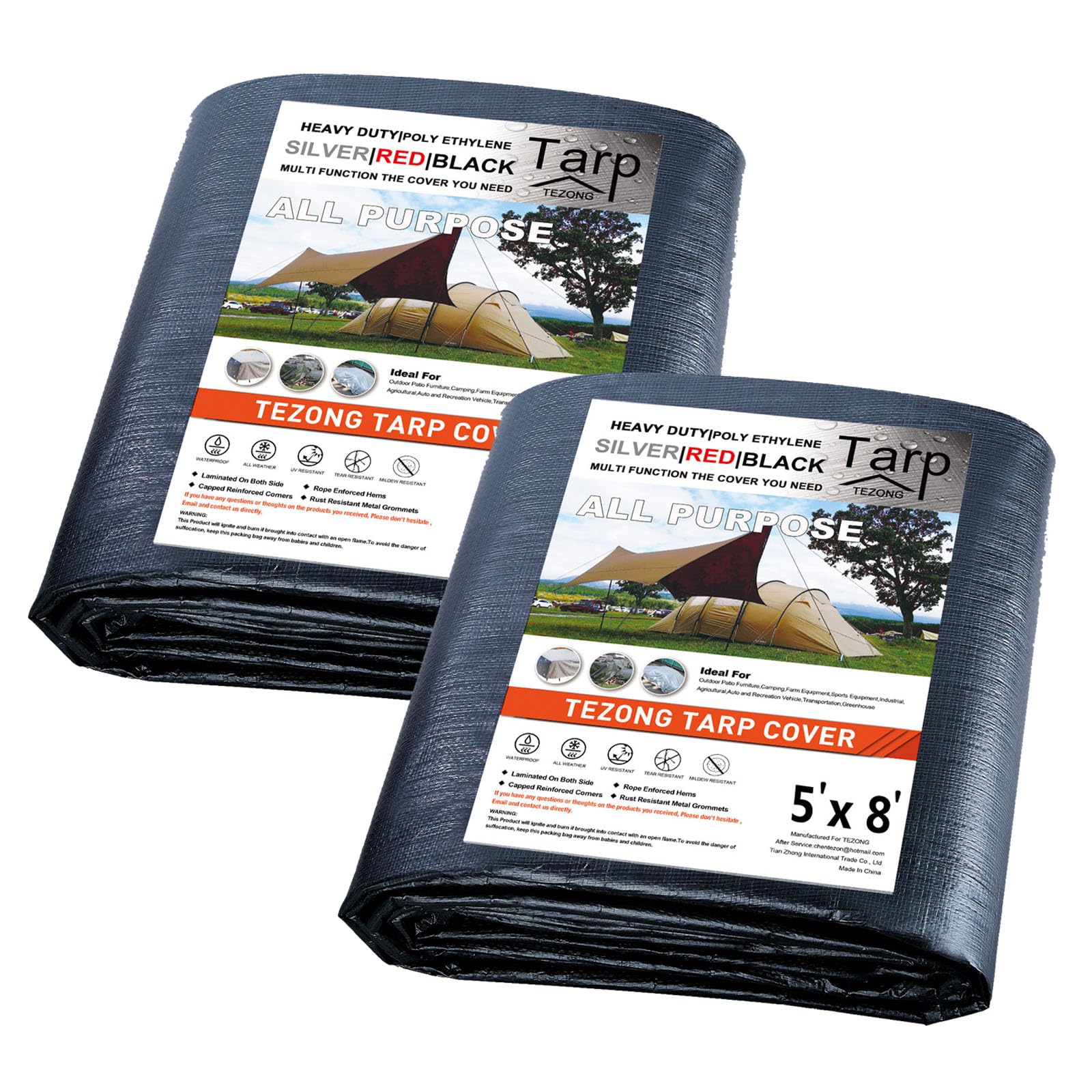 Tarps Heavy Duty Waterproof 5x8ft,TEZONG Black Poly Tarp Multipurpose ...