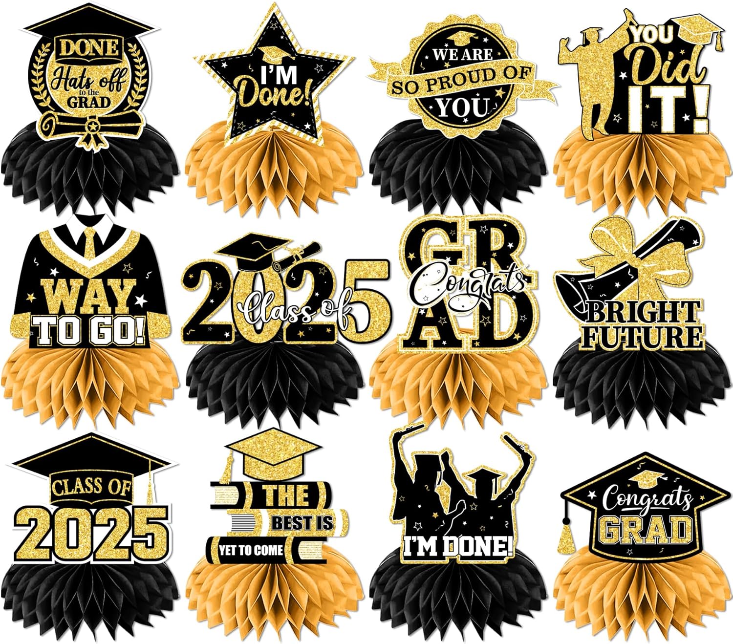 Amazon.com: 12Pcs Black and Gold Graduation Decorations Hoenycomb ...