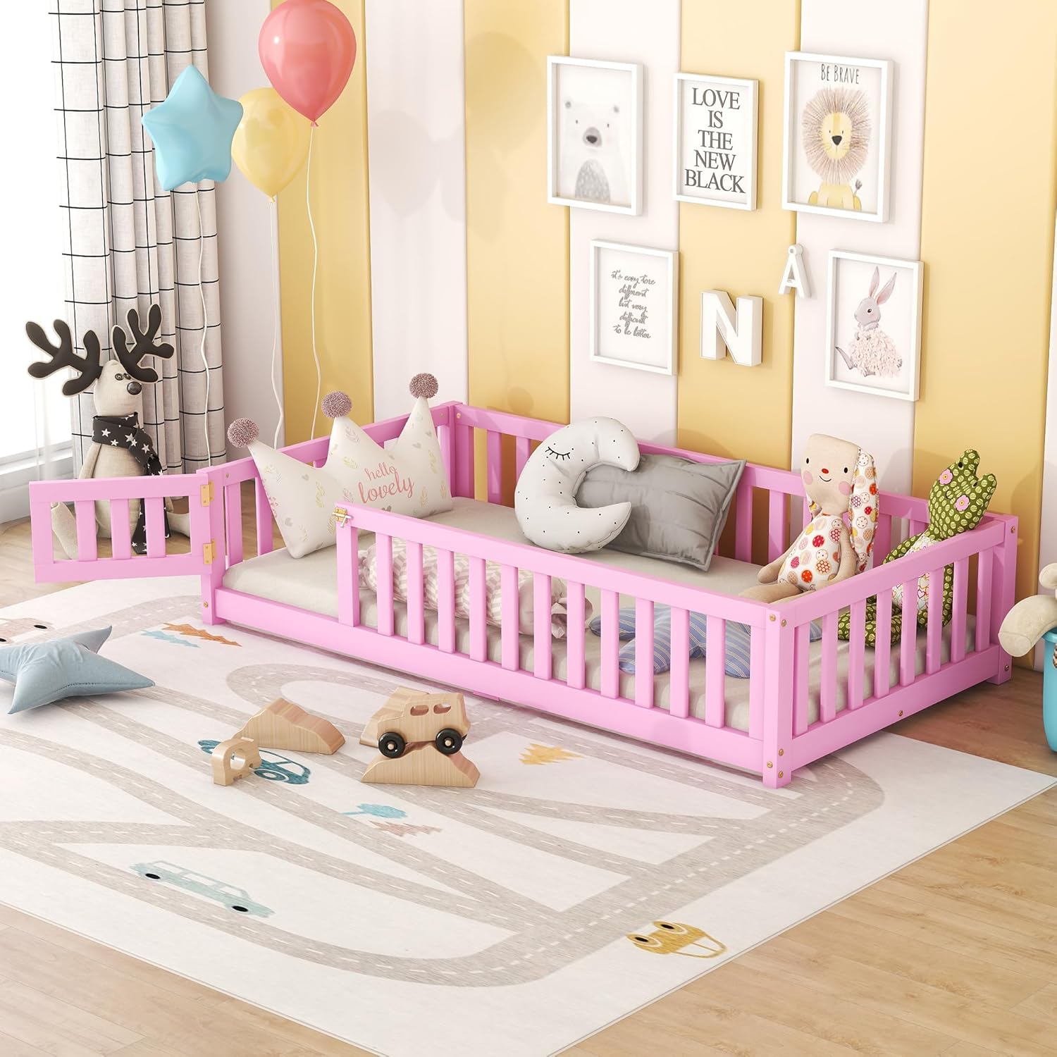 Amazon.com: ROOMTEC Twin Size Montessori Floor Bed Frame with Fence and ...