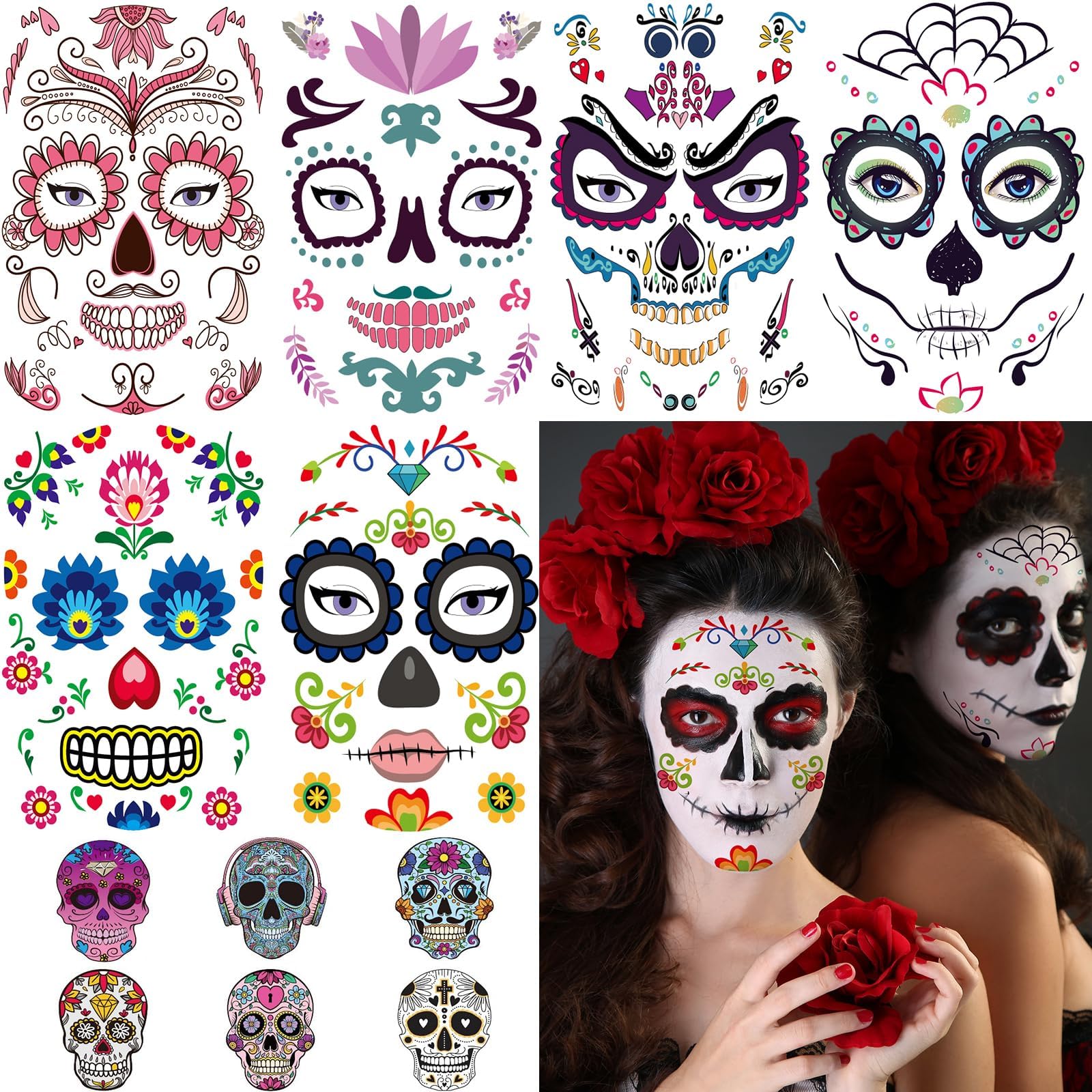 Amazon.com : Day of the Dead Face Skeleton Tattoos - 10 Pack Día de Los ...
