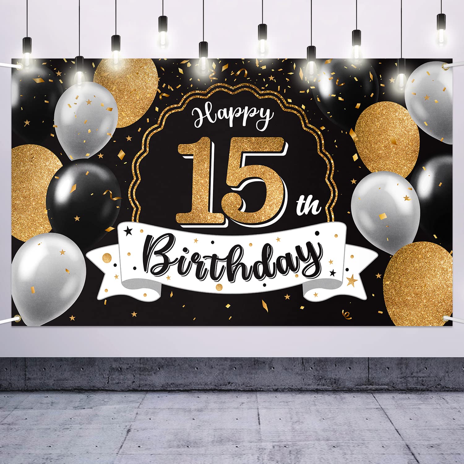 Amazon.com: Nelbiirth Happy 15th Birthday Decorations,15th Black & Gold ...
