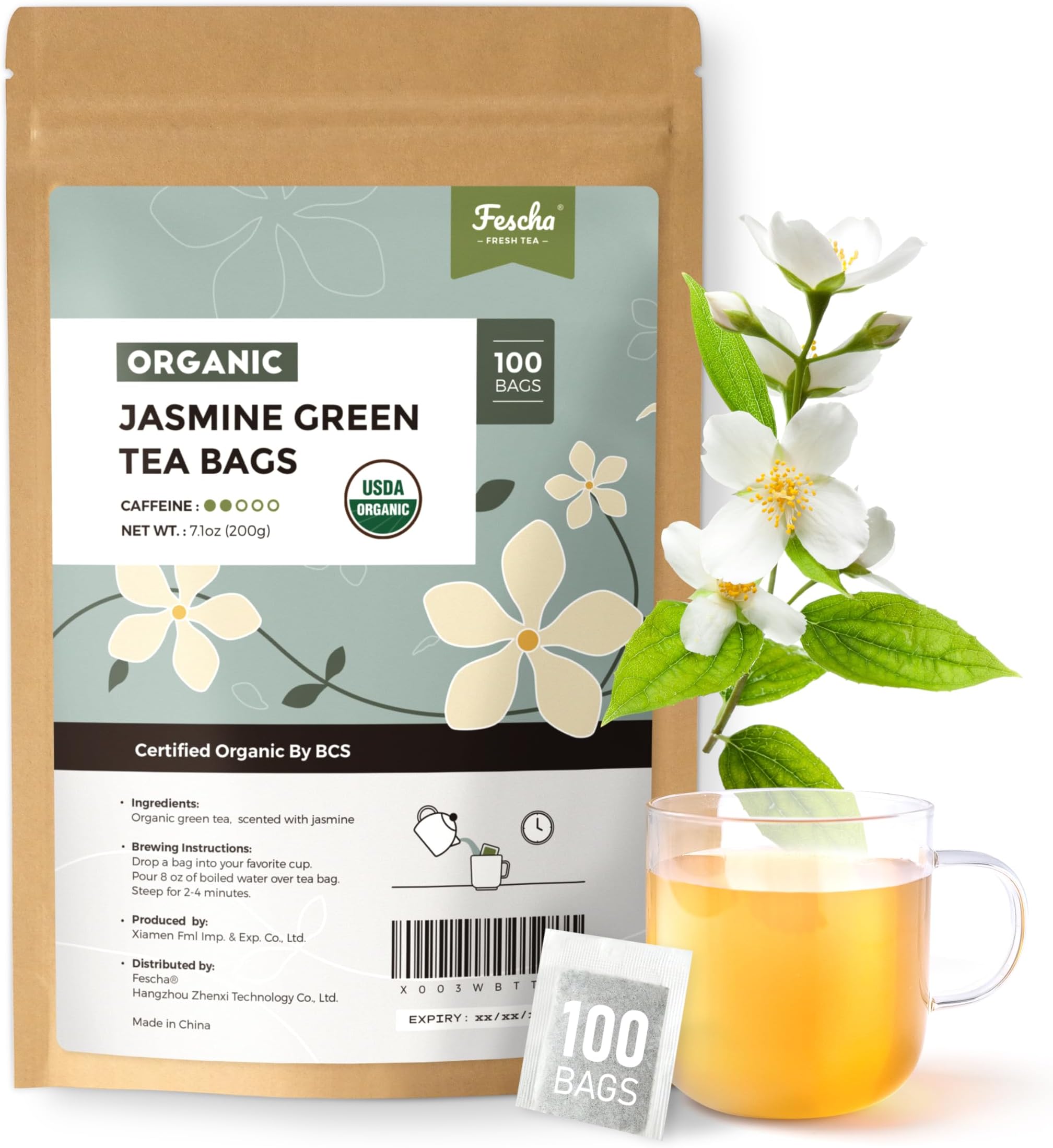 Amazon.com : Fescha Organic Jasmine Green Tea Bags Flower-scented Tea ...