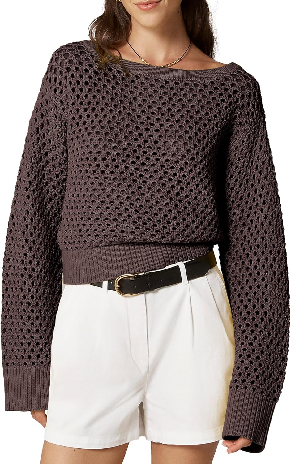 SeeLuNa Oversized Mesh Sweaters for Women Long Sleeve Boatneck Crochet ...