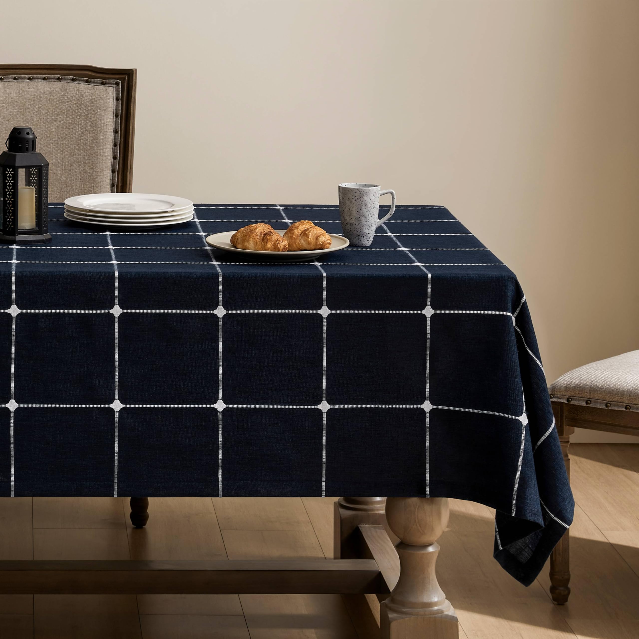 Amazon.com: ZeeMart Grid Embroidered Hemmed Tablecloths, Navy 60x60 ...