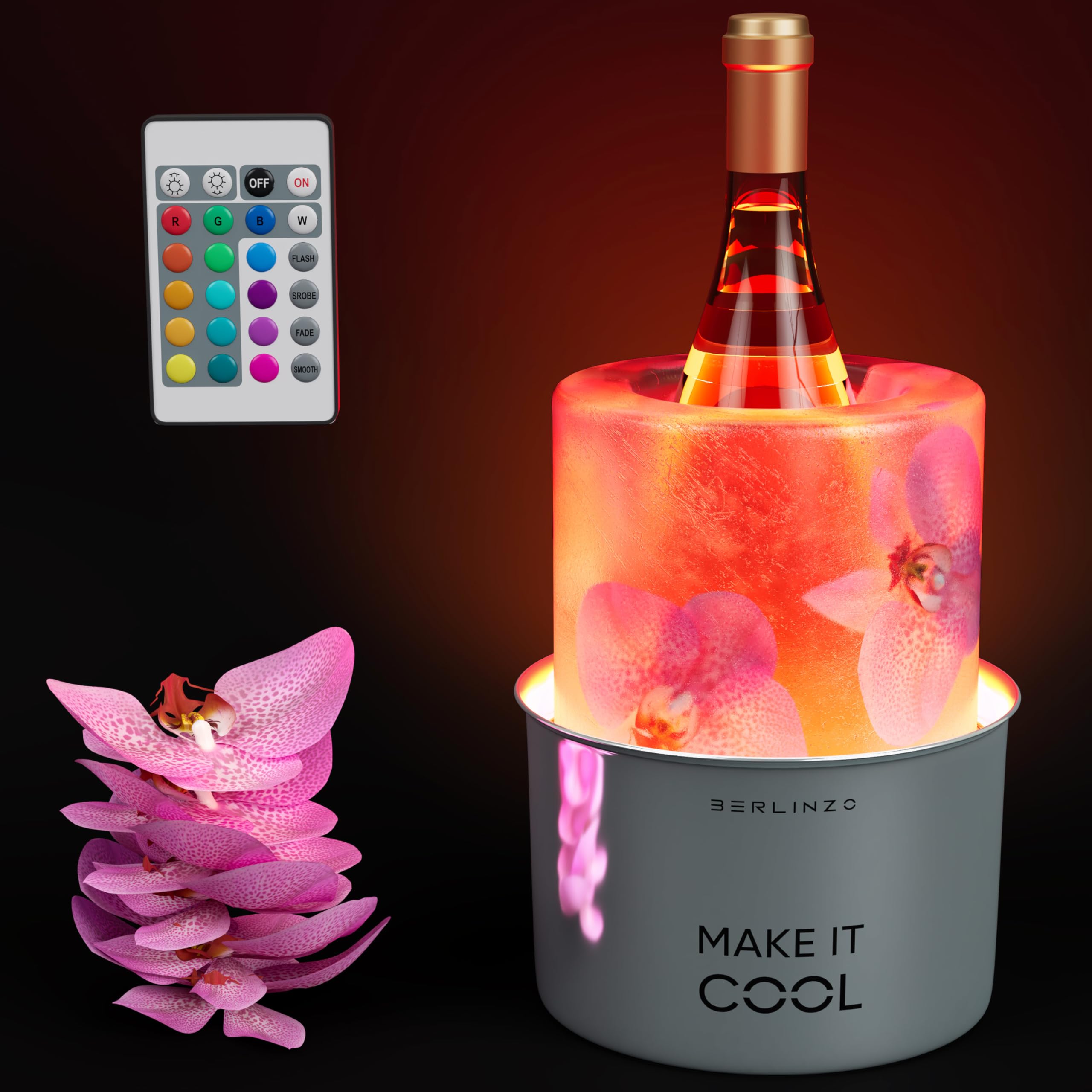 Berlinzo Wine Chiller Ice Bucket Mold with LED Lights Remote Control ...