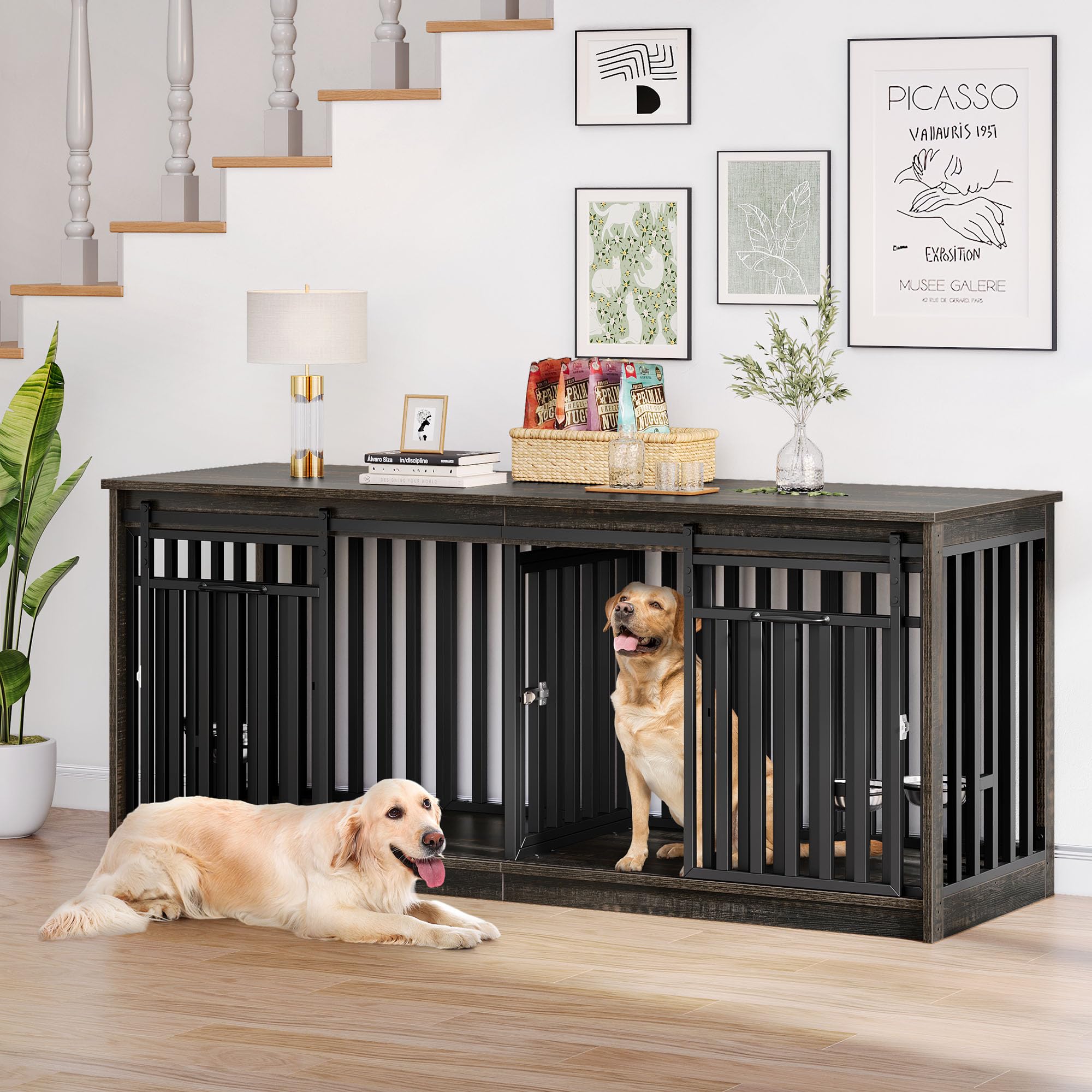 Amazon.com: DWVO 71" Double Dog Crate Furniture for 2 Medium Dogs ...