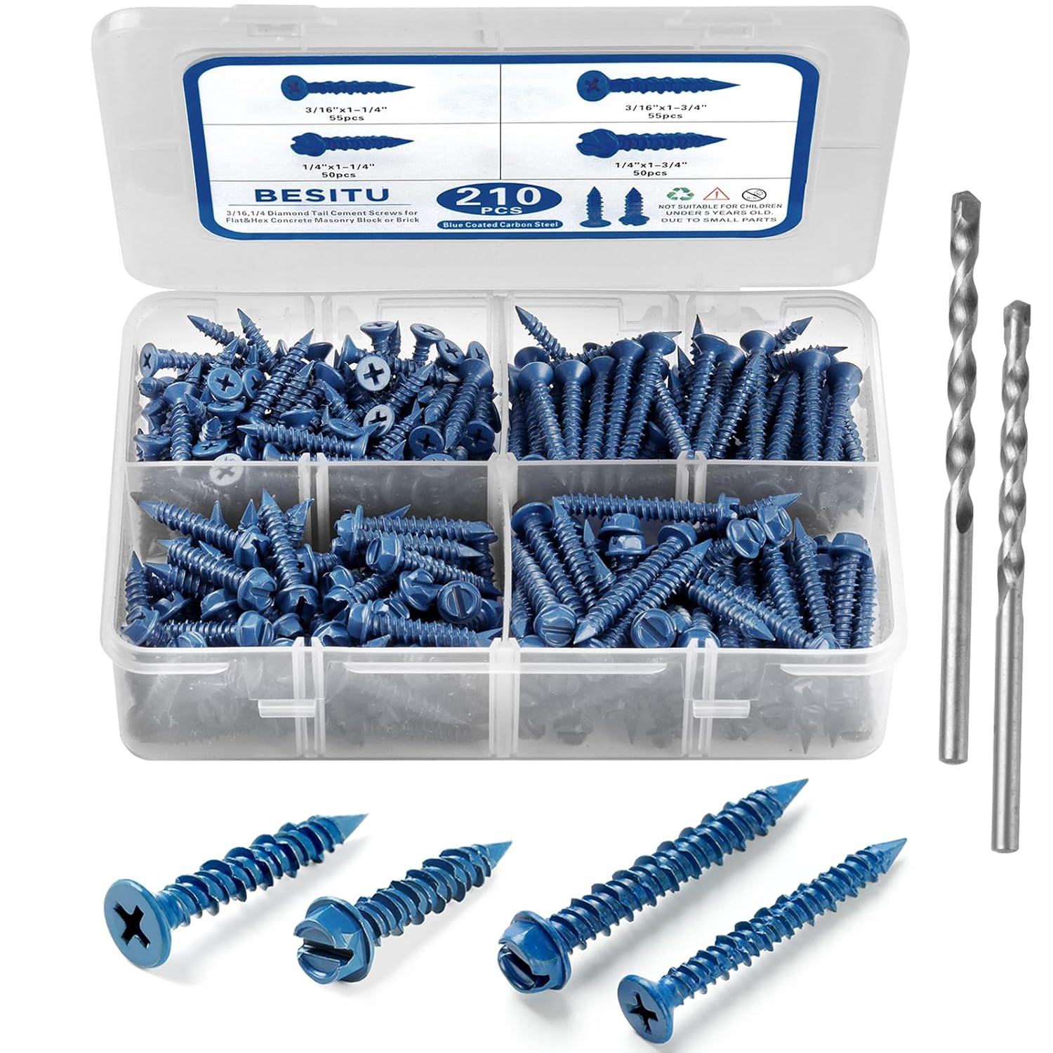 Besitu 210Pcs Concrete Screws 1/4" and 3/16" Assortment Kit with Drill ...