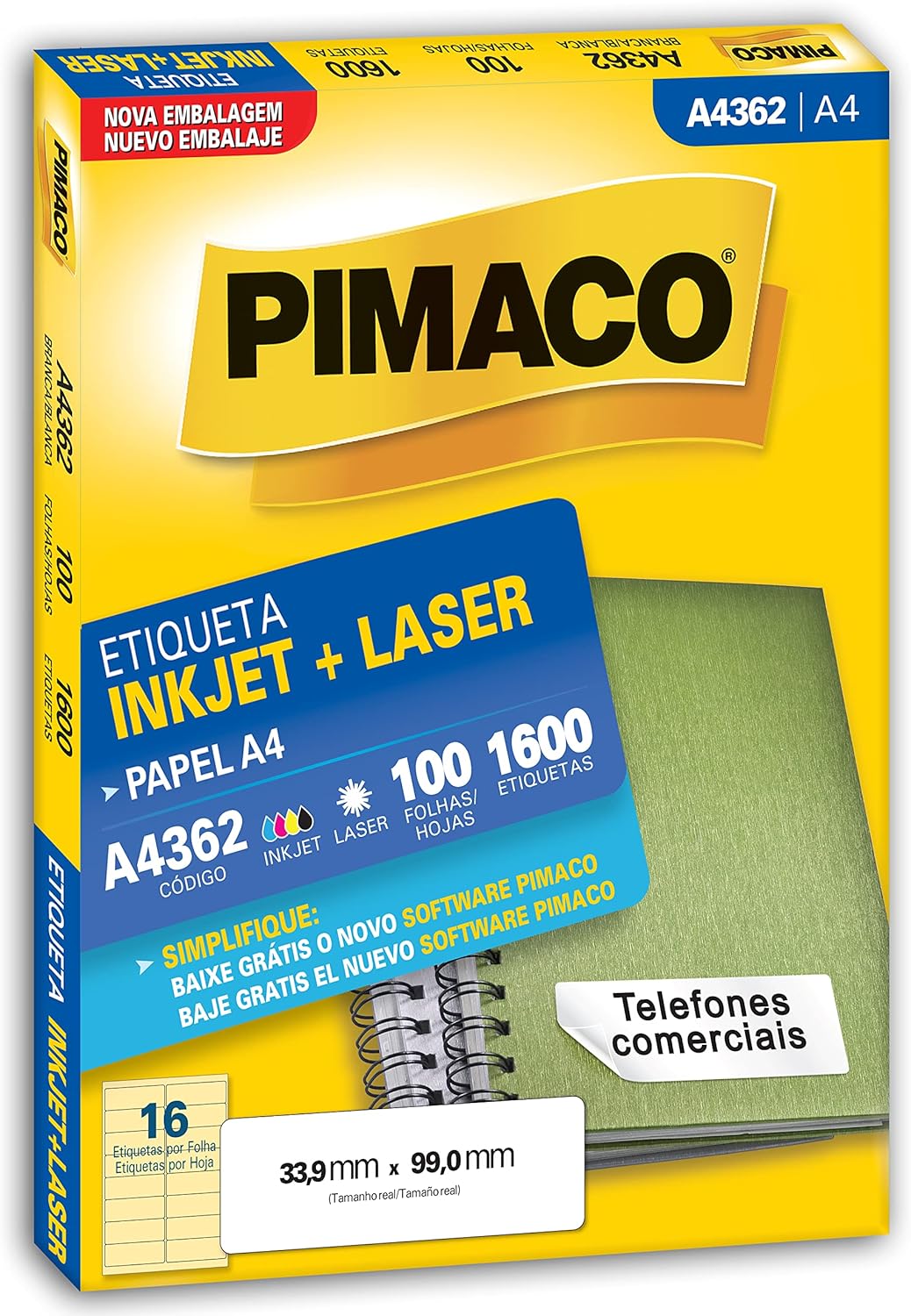 Etiqueta Ink-Jet/Laser A4 33.9X99, BIC, Pimaco, 874988, Branca, 1600 ...