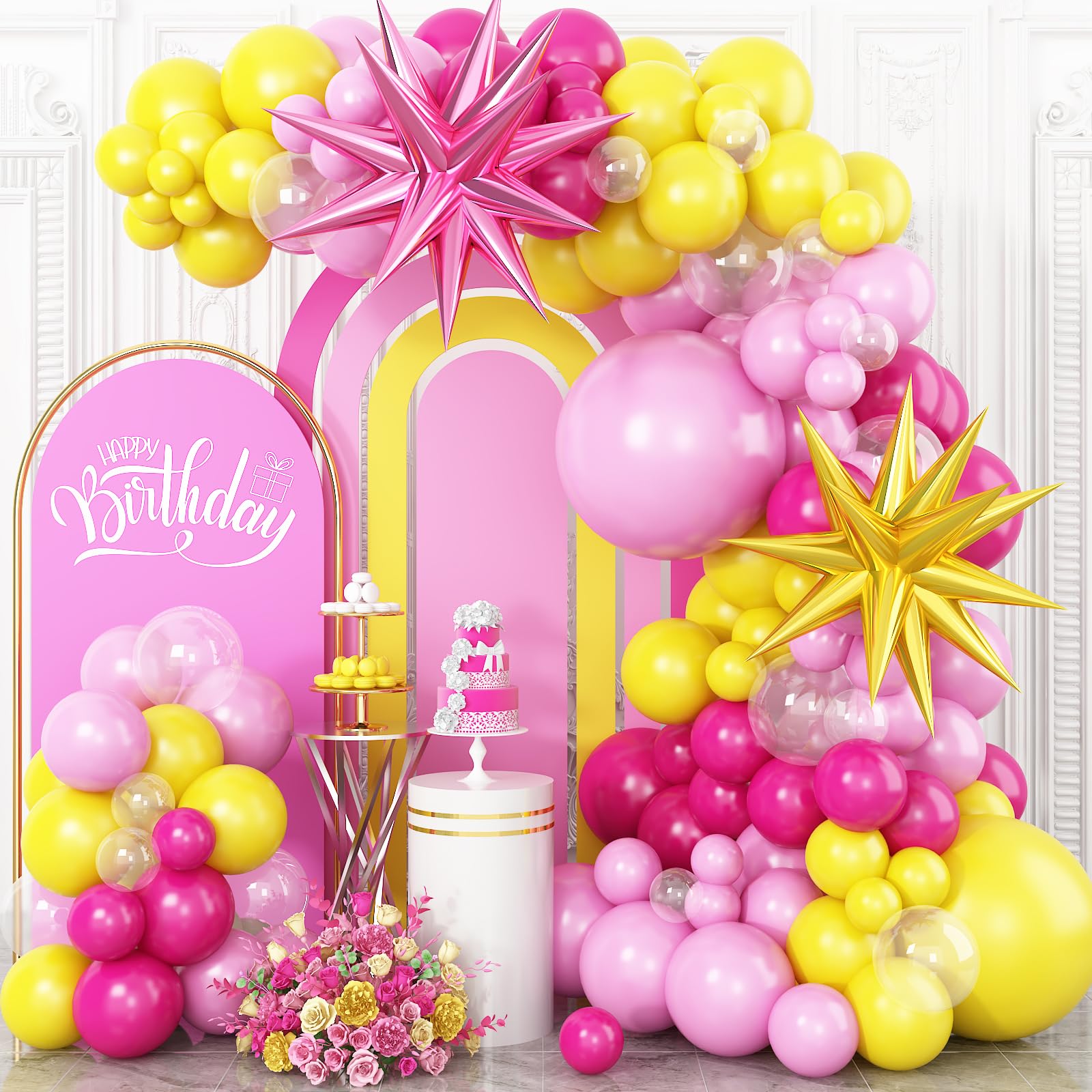 Amazon.com: Hot Pink Yellow Balloon Arch Kit, Yellow Pink Clear Balloon ...