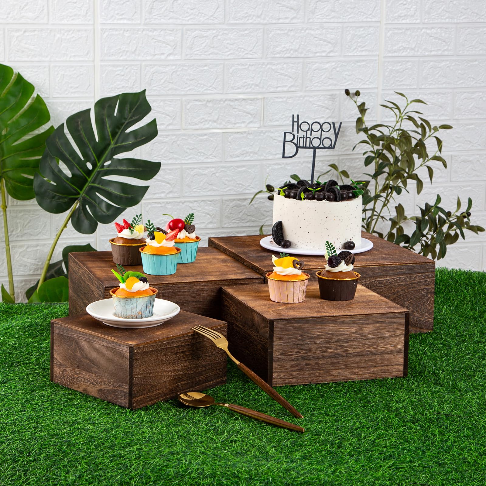 Vintage Brown Square Wooden Cake Stands For Display,Set Of 4 Wood ...