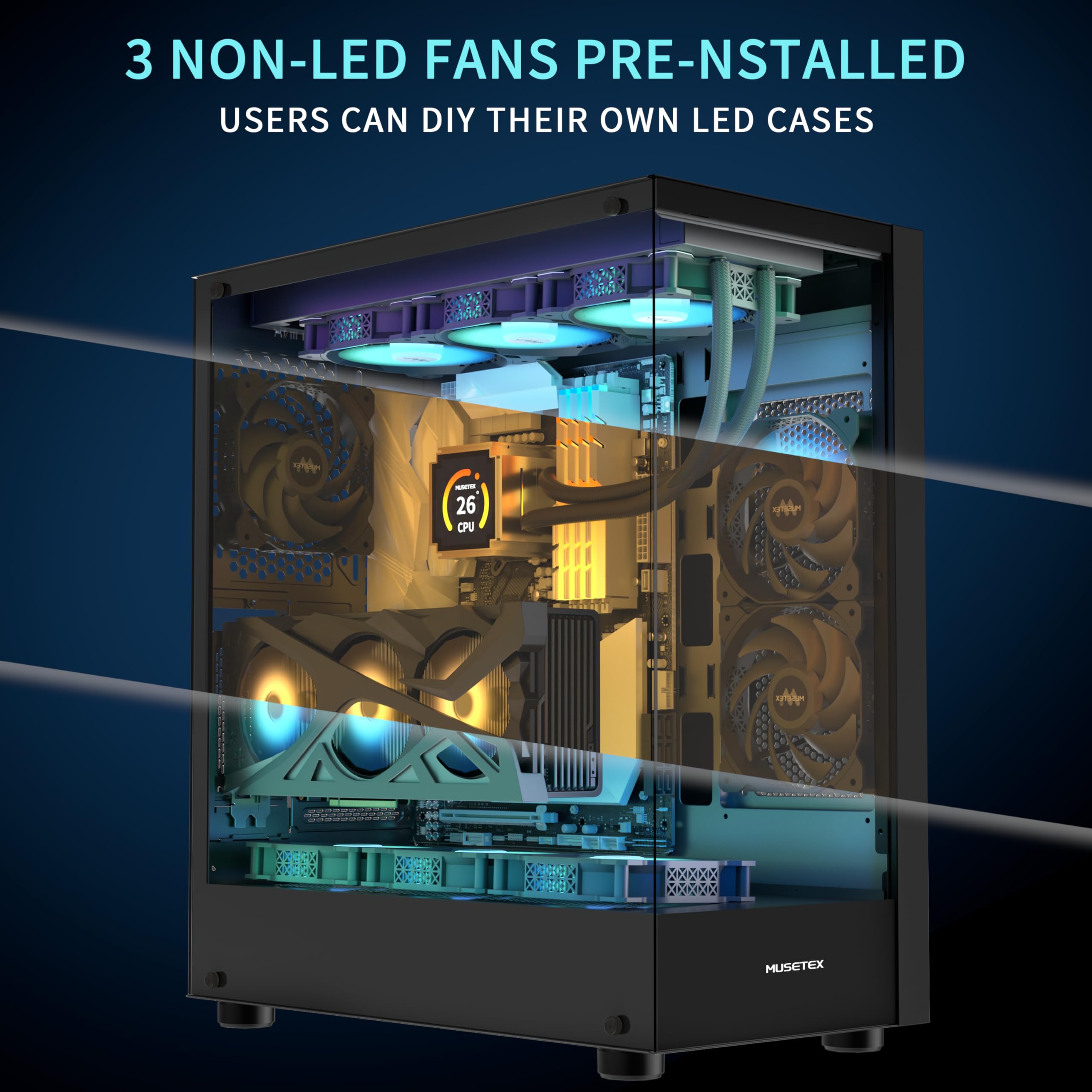 Snapklik.com : MUSETEX ATX PC CASE, 360MM RAD Support, Full-View Dual ...