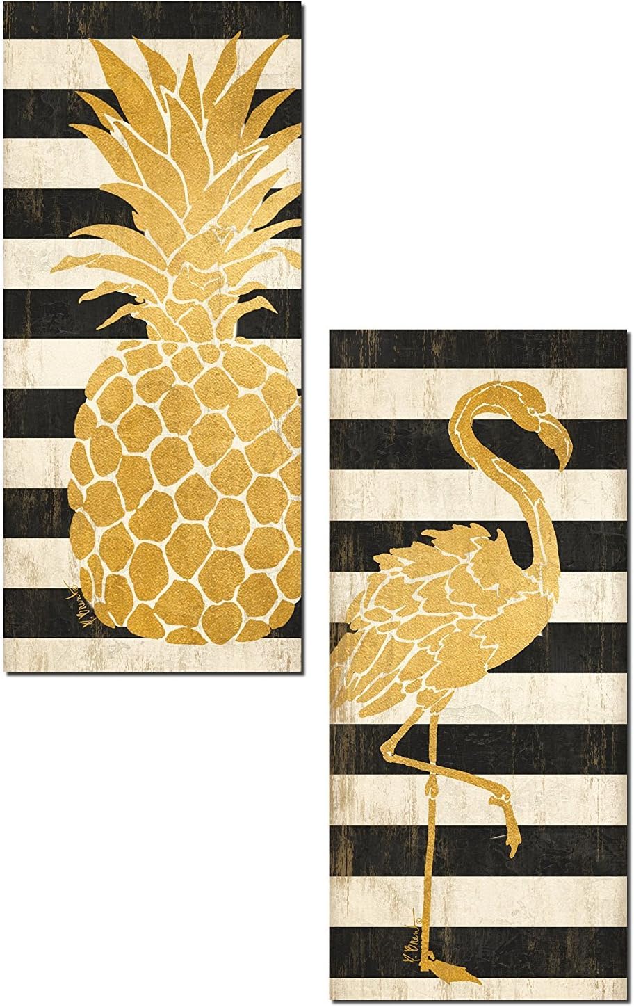 Amazon.com: Tropical Black and Gold Striped Flamingo and Pineapple Set ...