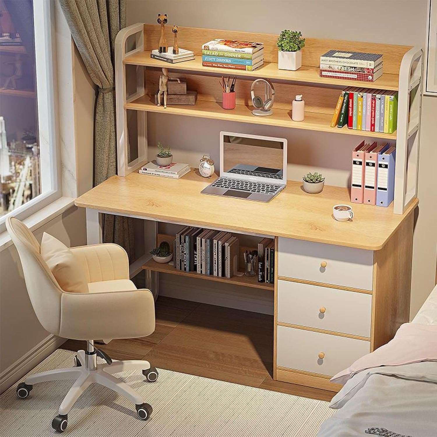 Writing Desk with Storage Shelves and 3 Drawers, Modern Simple Style ...