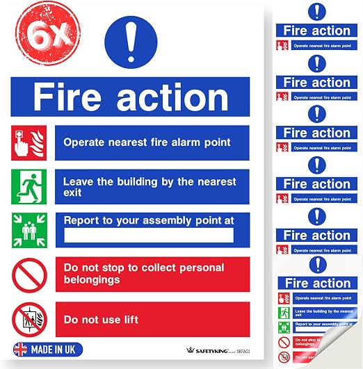 SAFETYKING® Fire Action Signs (6 Pack) 200mm x 150mm, Self Adhesive ...