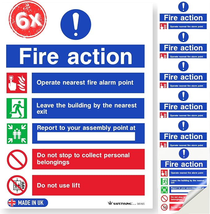 SAFETYKING® Fire Action Signs (6 Pack) 200mm x 150mm, Self Adhesive ...