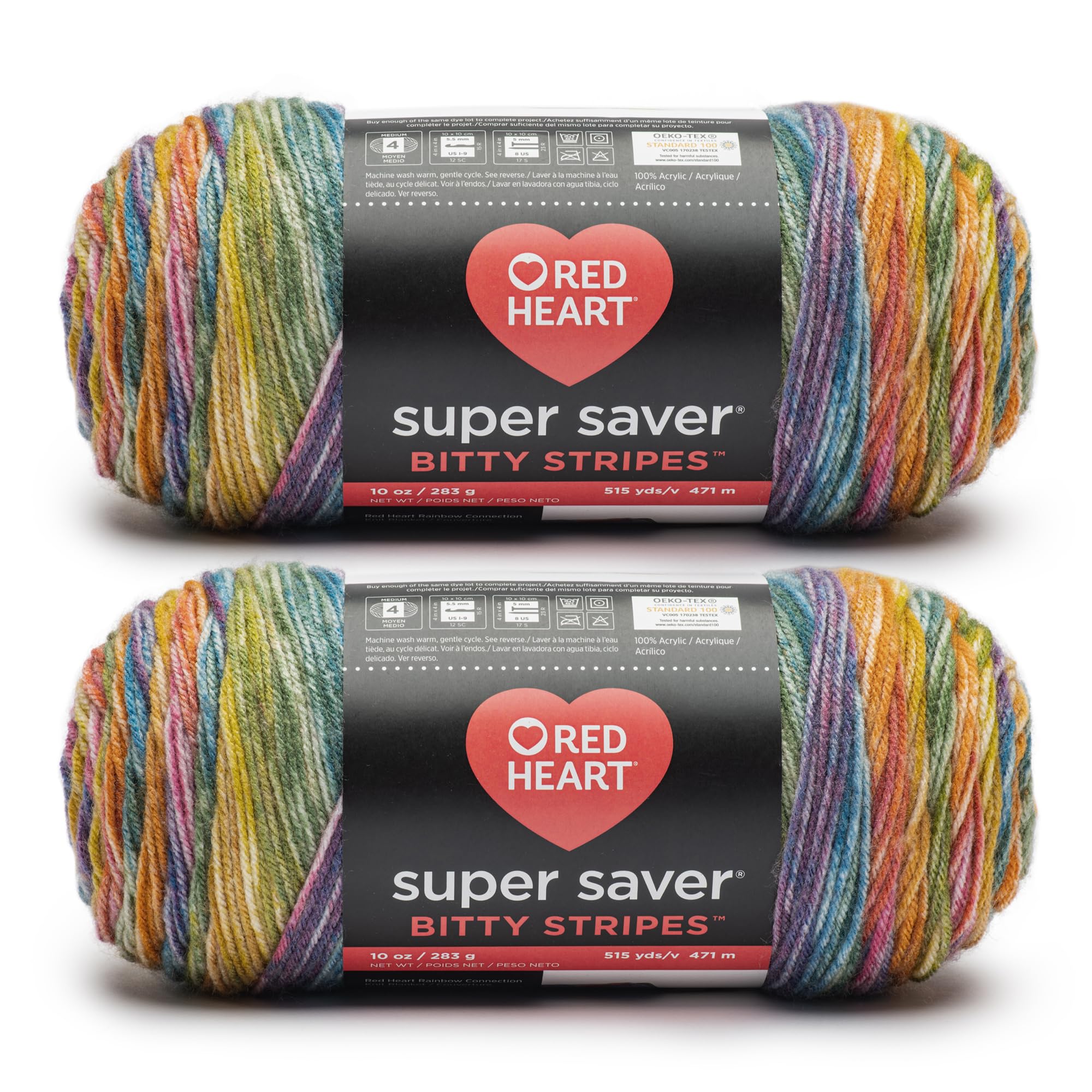 Red Heart Super Saver Bitty Stripe Rainbow Yarn - 2 Pack of 10oz/283g ...