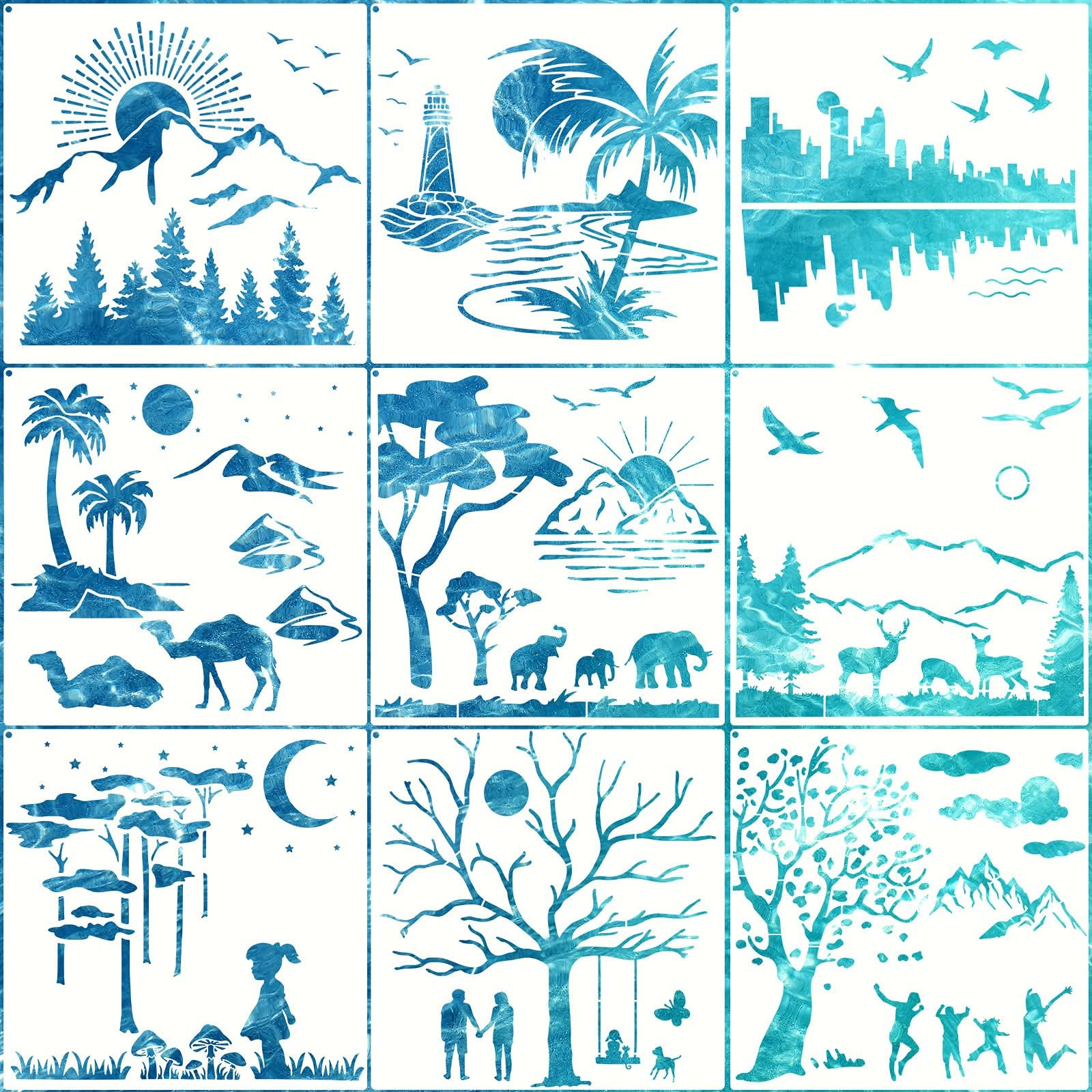 Amazon.com : Keeoye 9 Pieces Forest Landscape Stencil Mountains Rivers ...