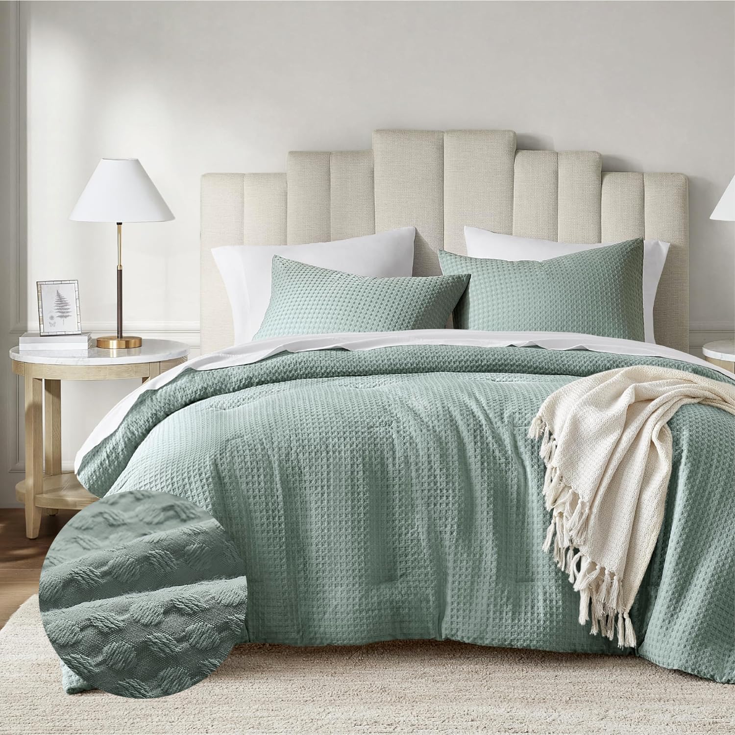 Green Waffle Weave Comforter Set Queen Size - Soft Green Textured ...
