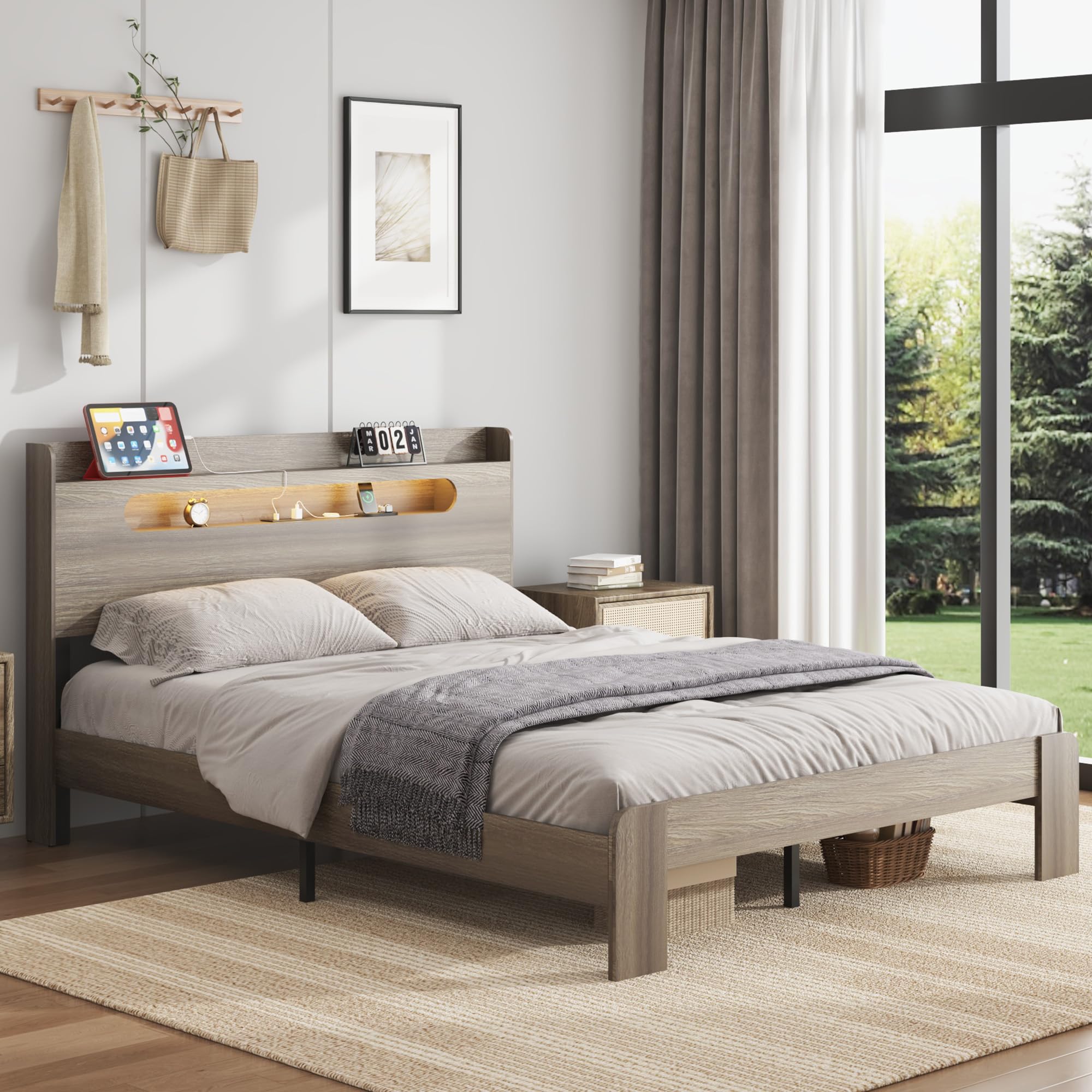 Amazon.com: PAUKIN Wooden Bed Frame Queen Size with Headboard, Rustic ...