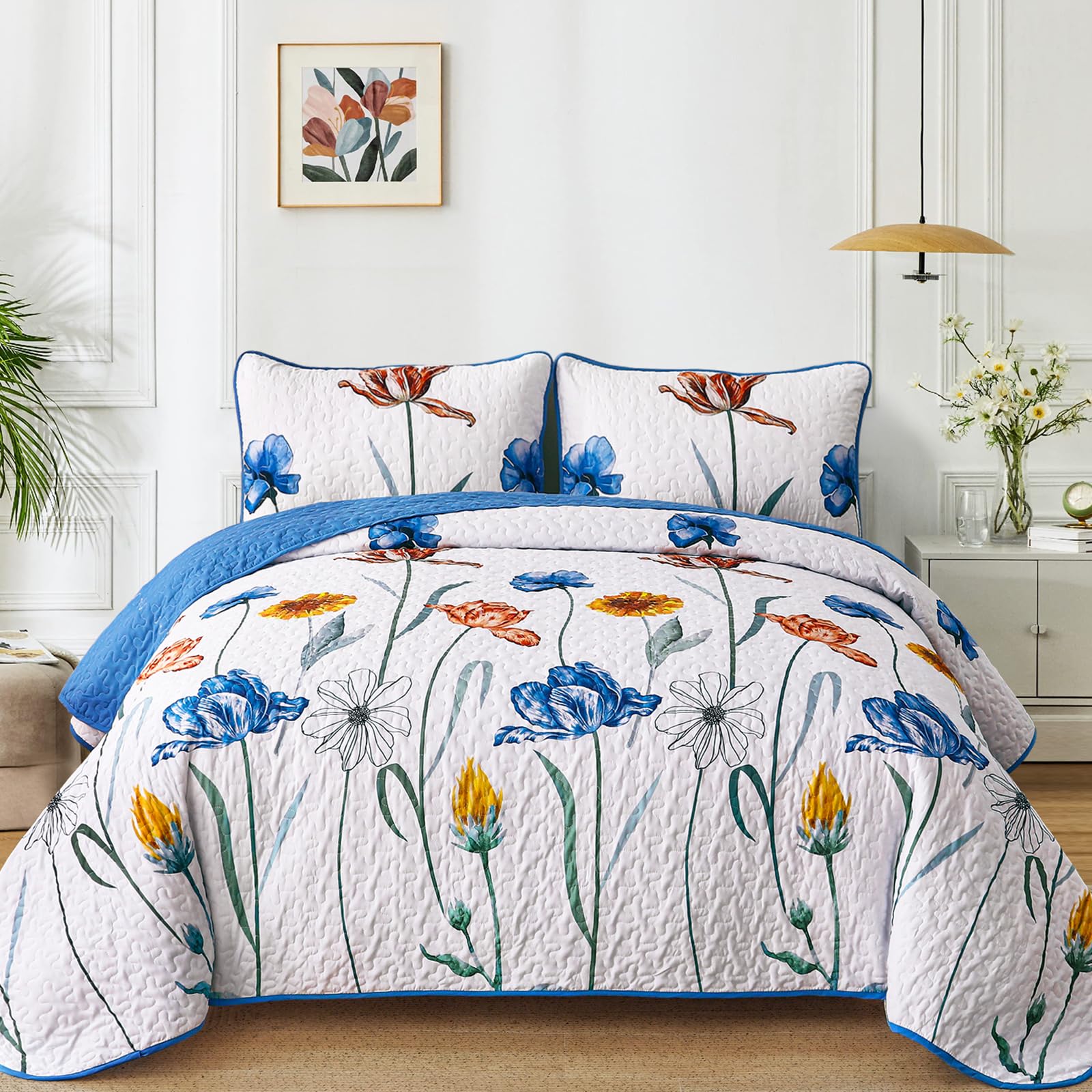 Amazon.com: WONGS BEDDING Blue Quilt Set Queen Size,Cute Floral ...