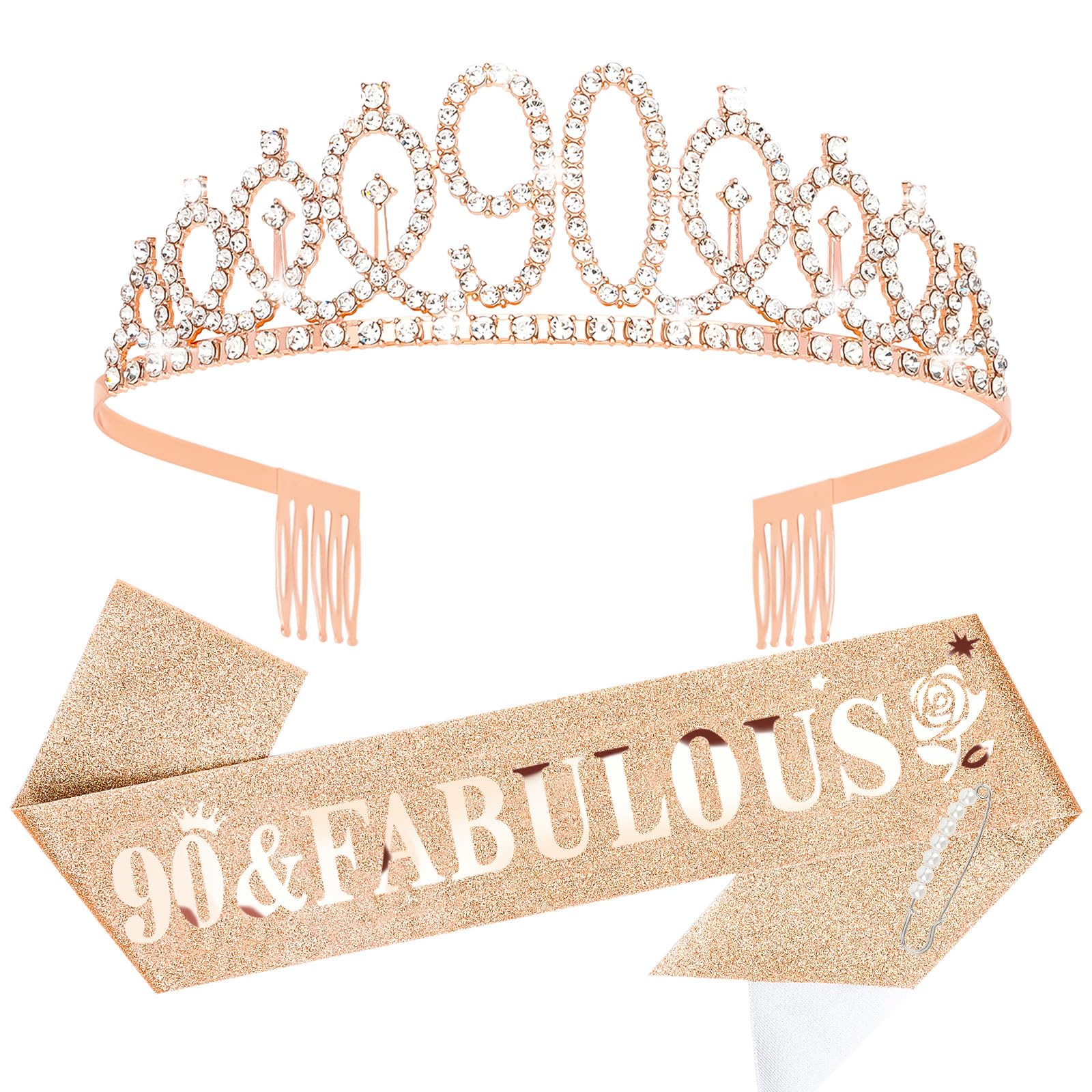 Amazon.com: YARIEW Rose Gold Crown + 90 & Fabulous Birthday Sash ...