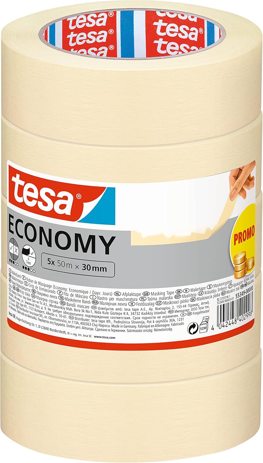 tesa Masking Tape ECONOMY EcoLogo – Painters Tape, 4 Days Residue-Free ...