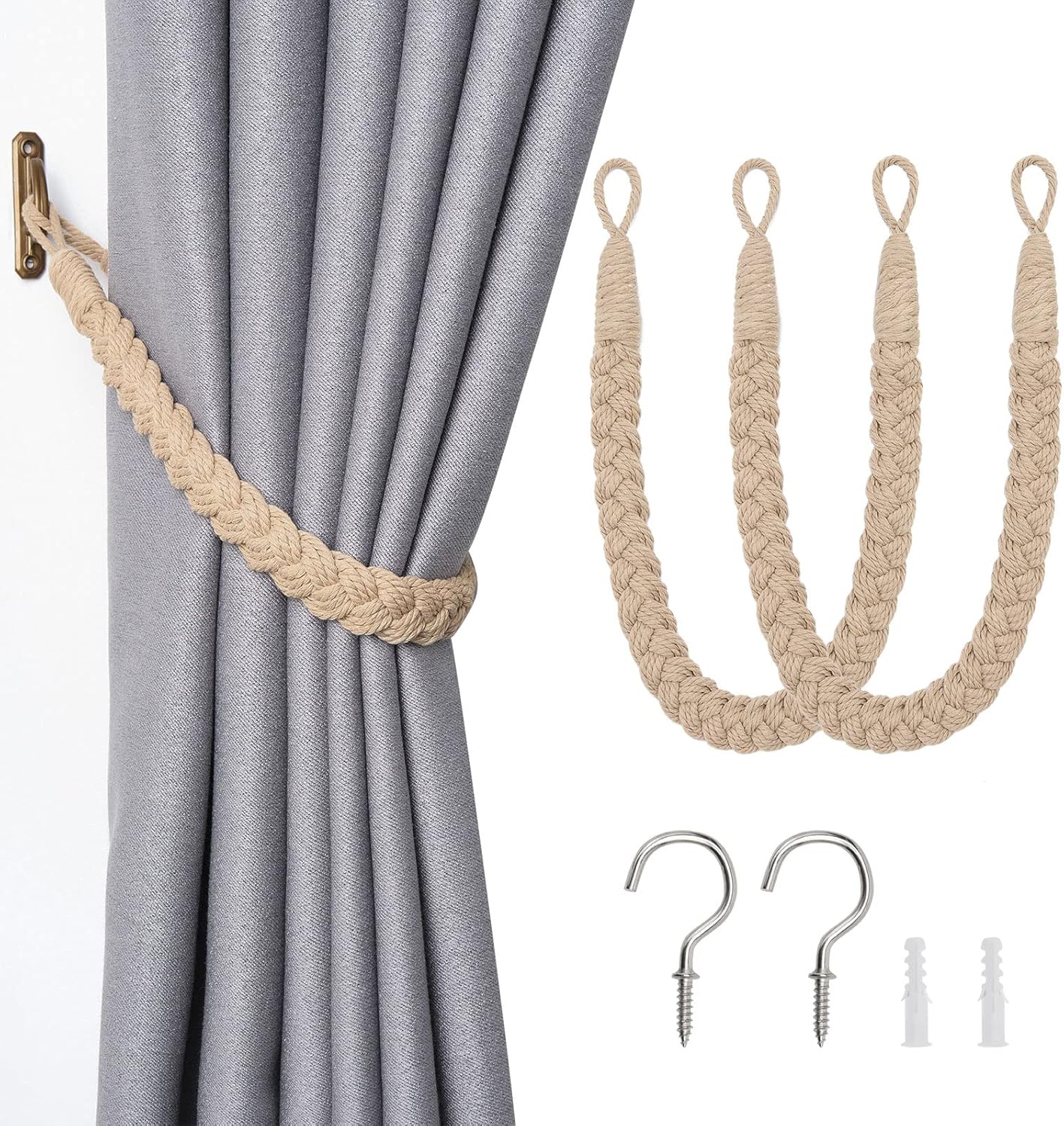 Pretty Jolly 2 Pack Natural Cotton Rope Curtain Tiebacks Elegant Boho ...