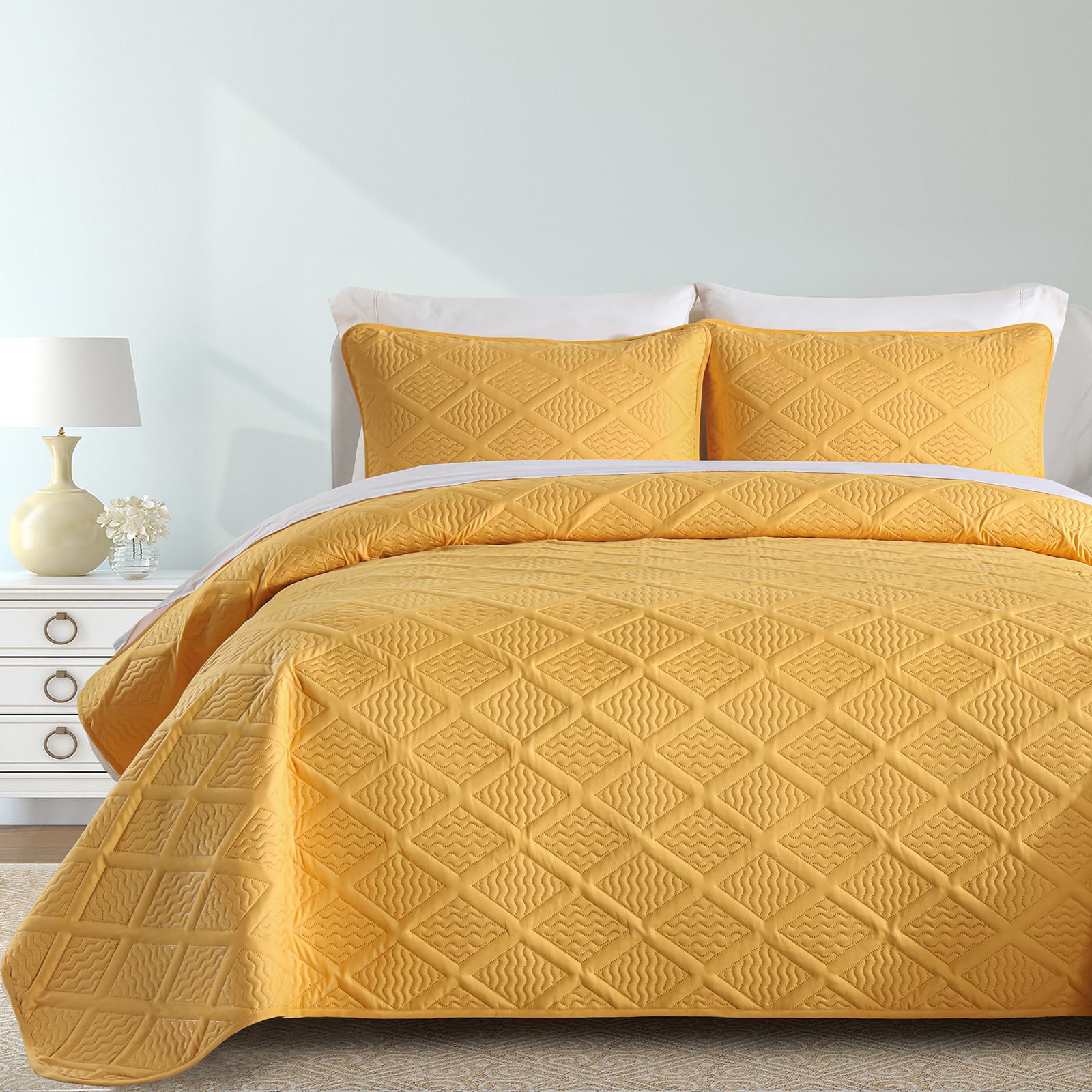 Amazon.com: Yiran Mustard Yellow Quilt Set Queen Size, 3 Piece ...