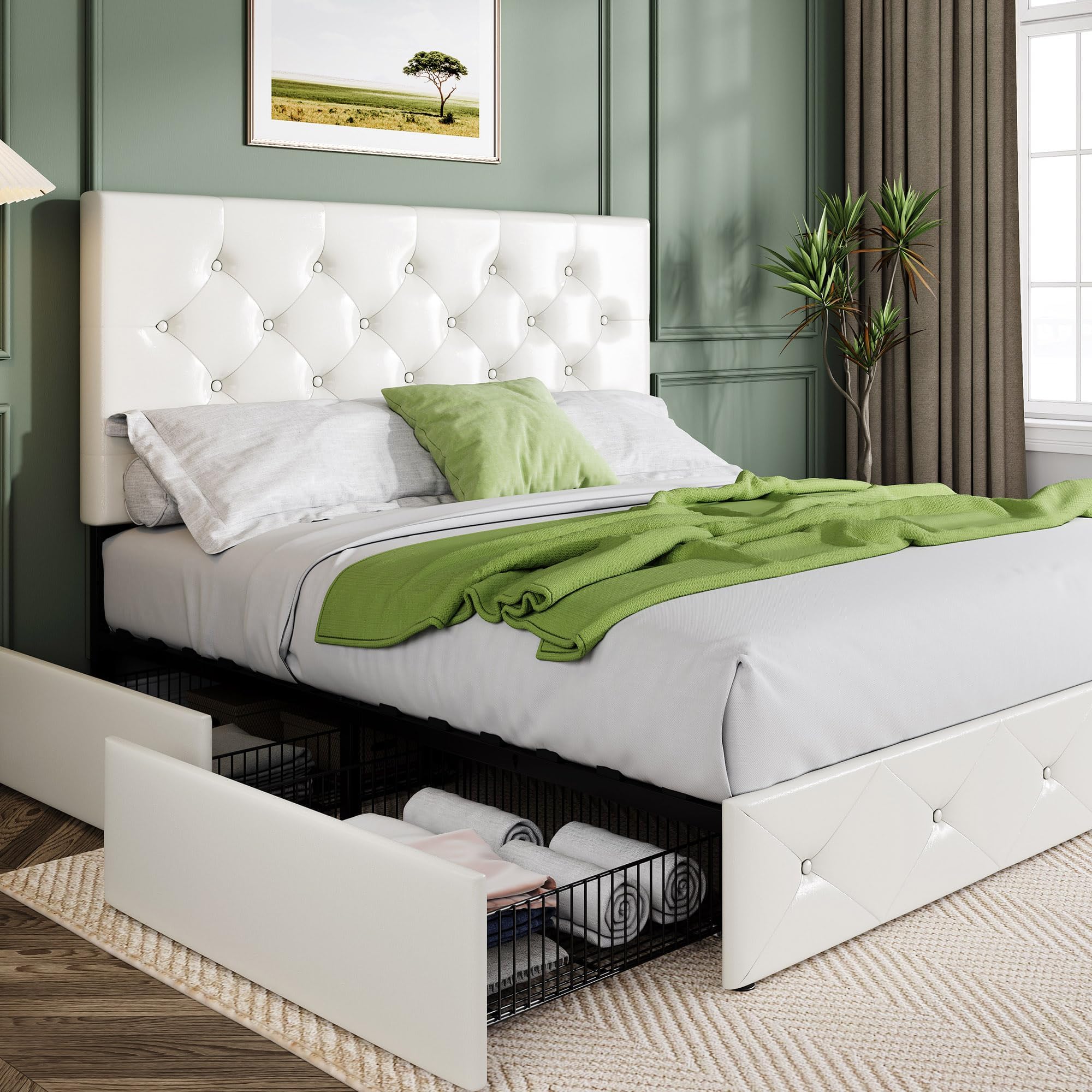 Amazon.com: Allewie Upholstered Full Size Platform Bed Frame with 4 ...