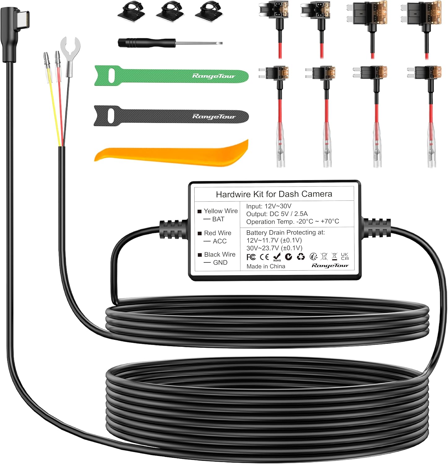 Range Tour Dash Cam Acc Hardwire Kit, 4m/13.12ft 12V-30V to 5V Car Dash ...