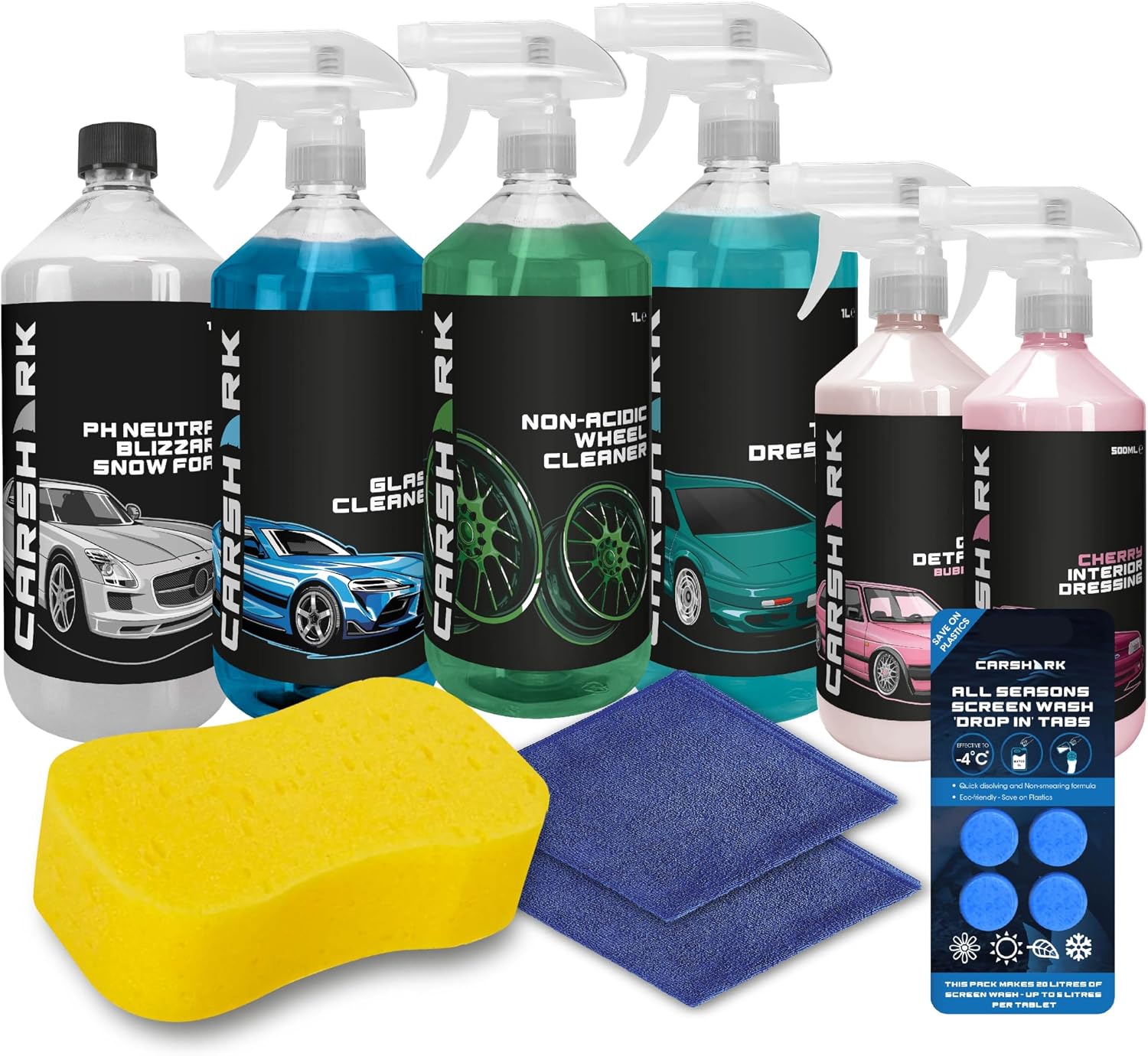 CARSHARK 9-piece Car Cleaning Kit, Snow Foam, Tyre Dressing, Wheel ...