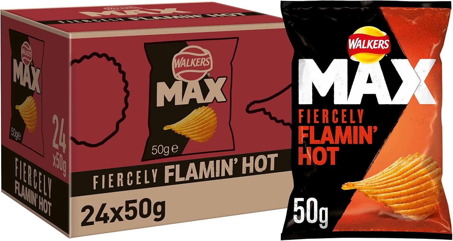 Walkers Max Flaming Hot Ridged Crisps, Perfect for Snacking 50g (Case ...