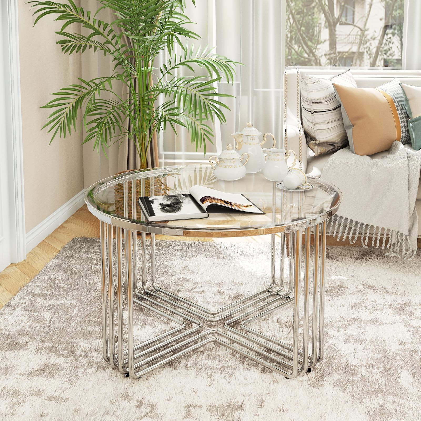 Amazon.com: O&K FURNITURE Glass Coffee Table, Modern Silver Coffee ...