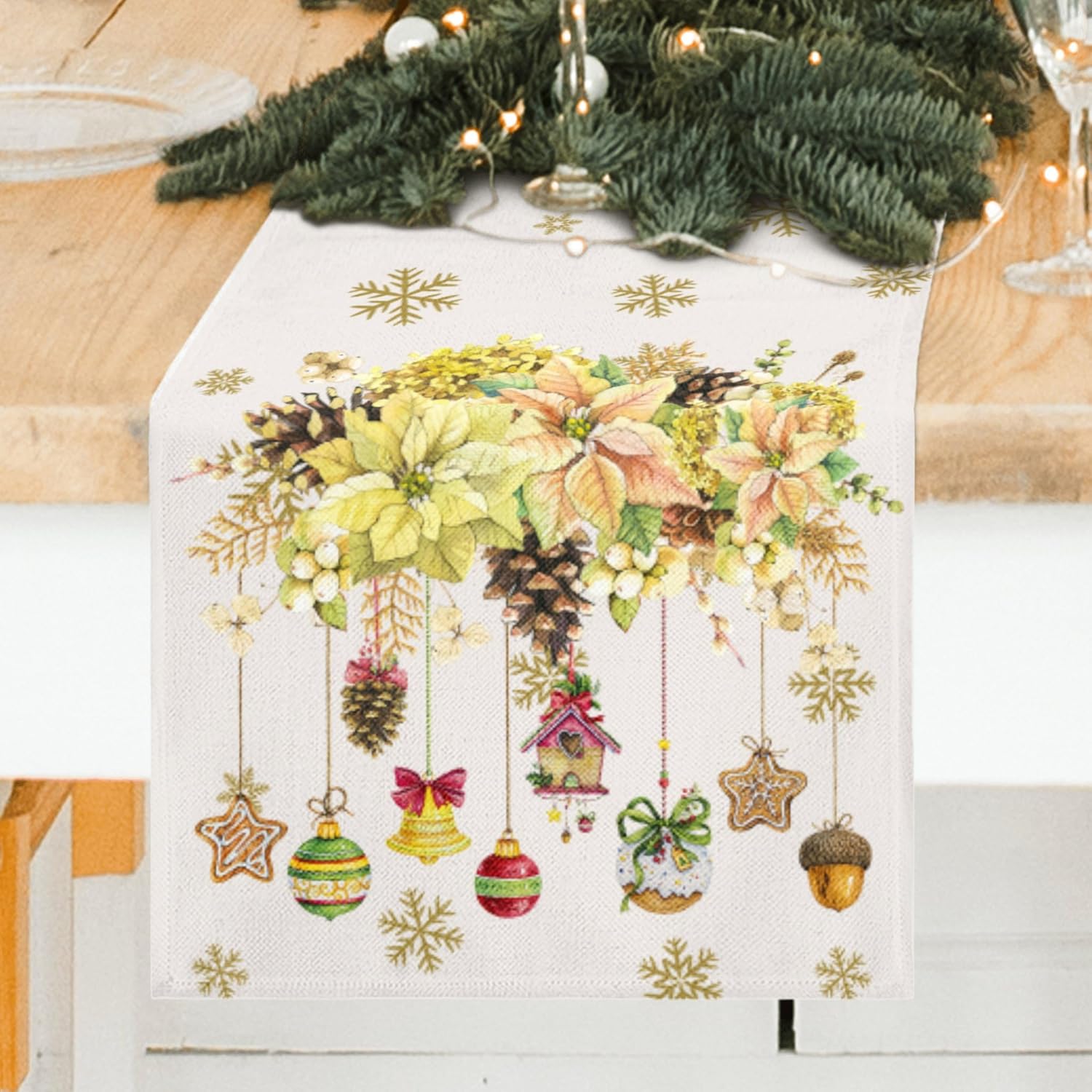 Amazon.com: Winter Gold Snowflakes Christmas Table Runner, Christmas ...