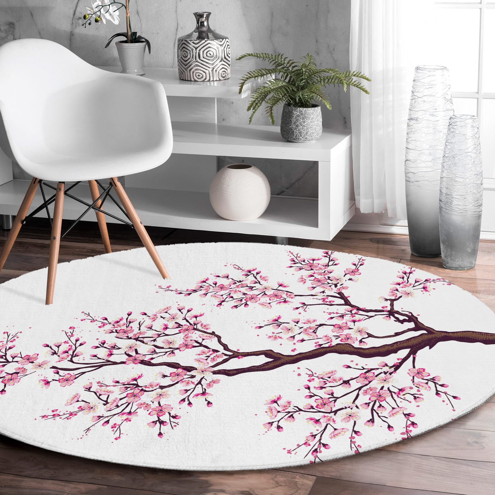 Area Rug Cherry Blossom Round Rug Fluffy Floor Carpet Soft Rug Non-Slip ...