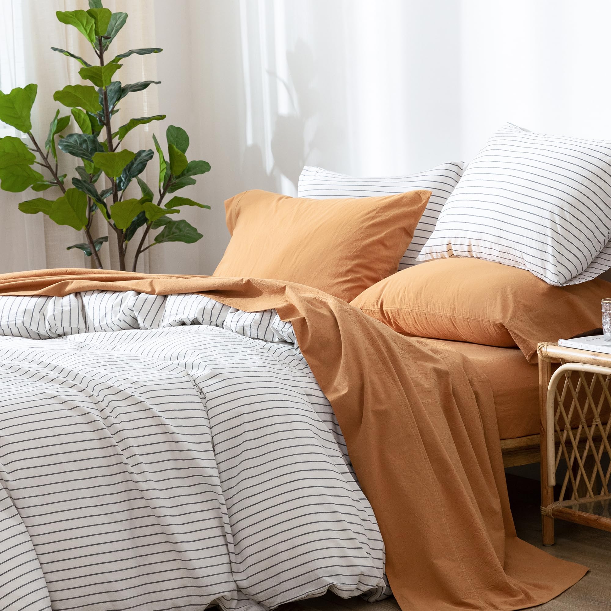 Amazon.com: MooMee Bedding Sheet Set 100% Washed Cotton Linen Like ...