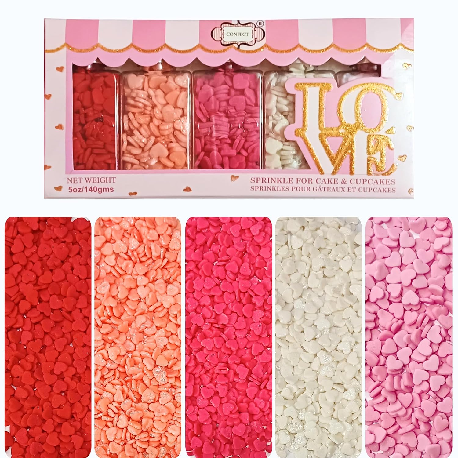 Amazon.com : Confect Valentine Heart Sprinkles – Red, White & Pink ...