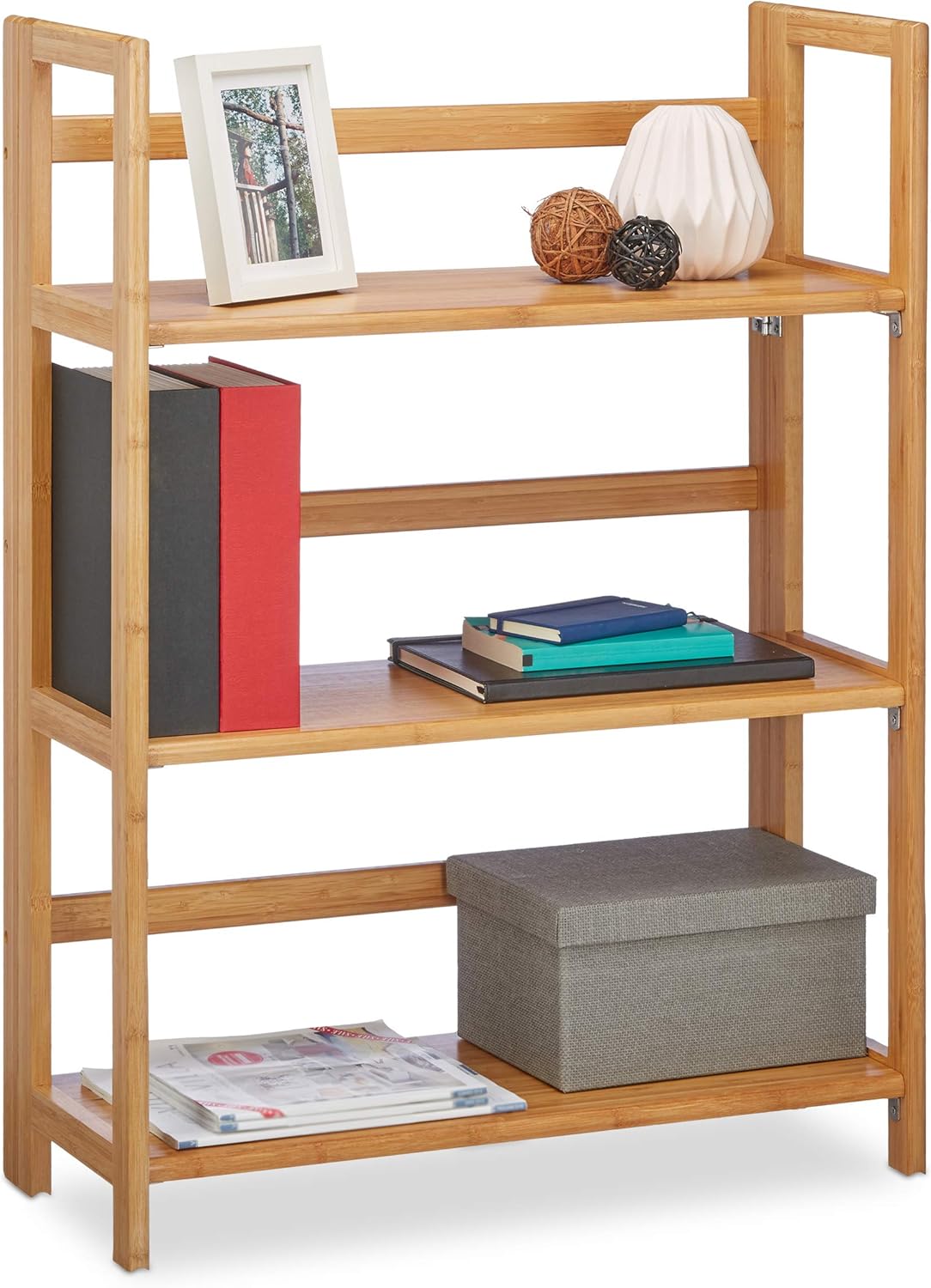 Relaxdays Large Wooden Folding Shelf, Bamboo Shelving Unit w/ 3 Tiers ...