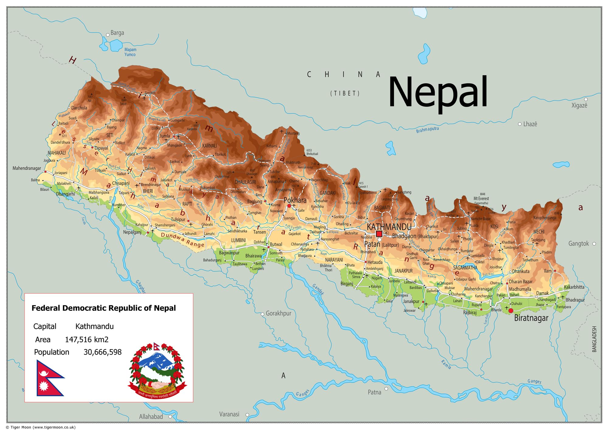 Physical Map of Nepal - The Oxford Collection - Size A1 - Paper ...