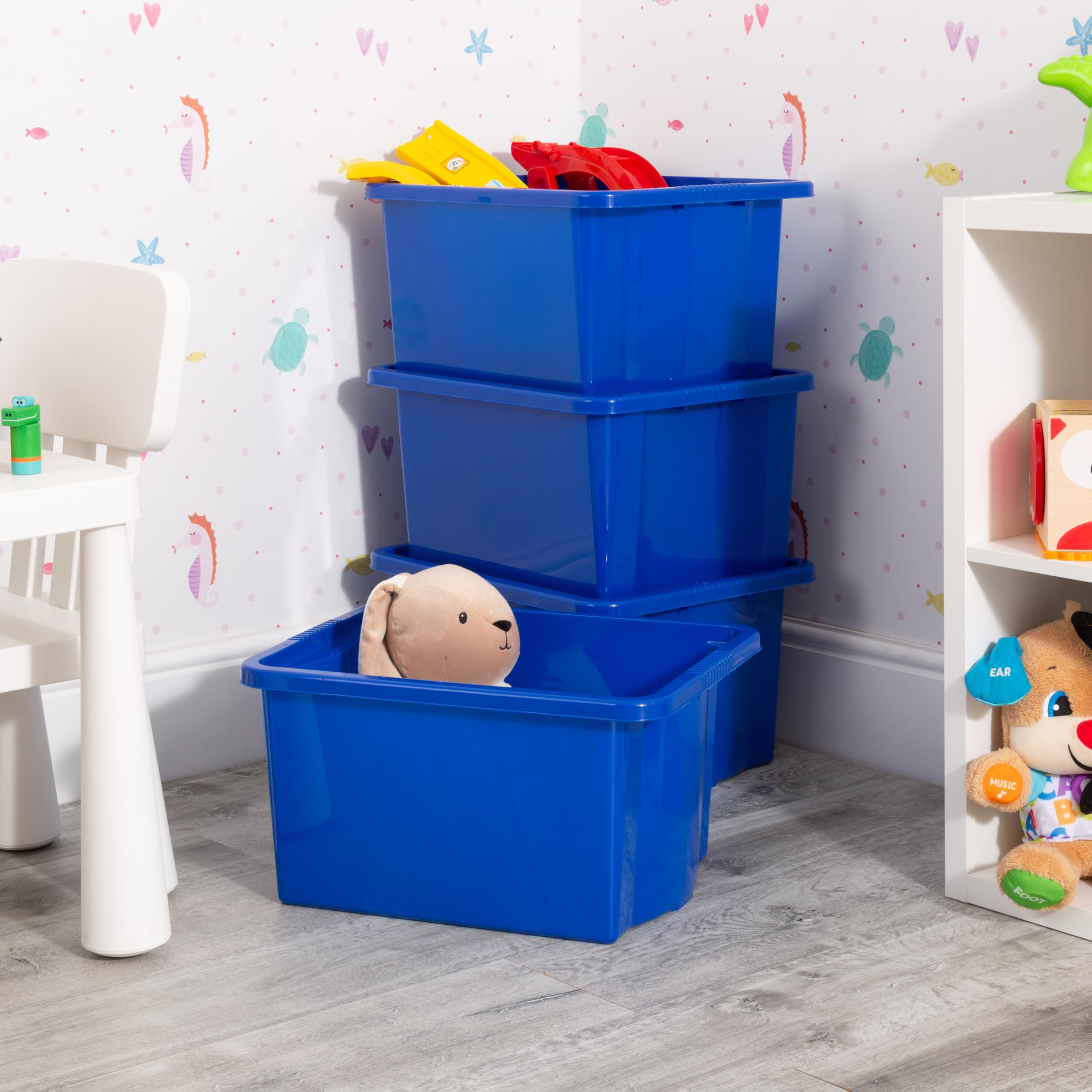 Wham Stack & Store, Pack 4 30L Blue Plastic Storage Organisation Boxes ...