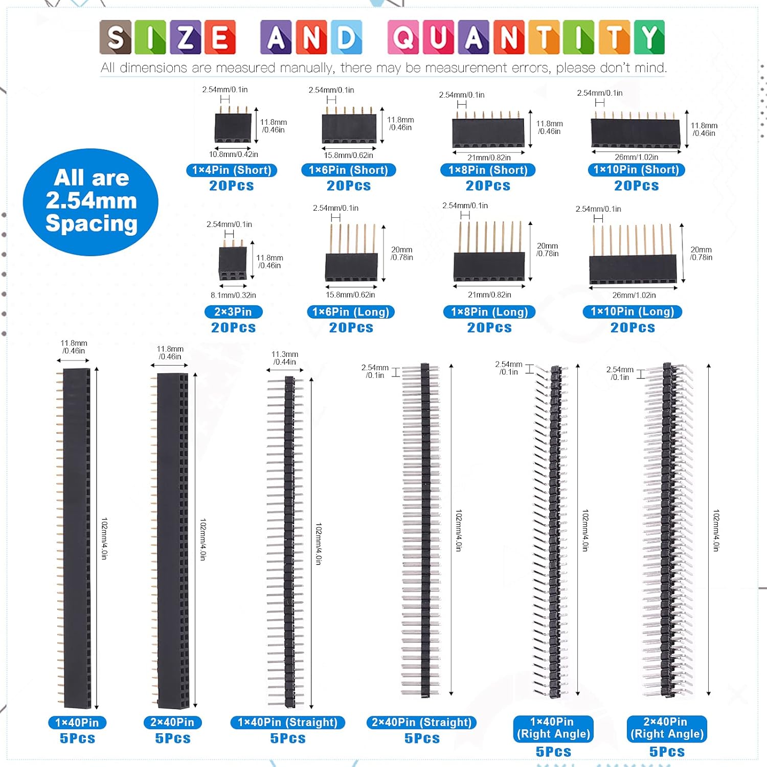 Glarks 190Pcs 2.54mm Male and Female Pin Header Connector Assortment ...