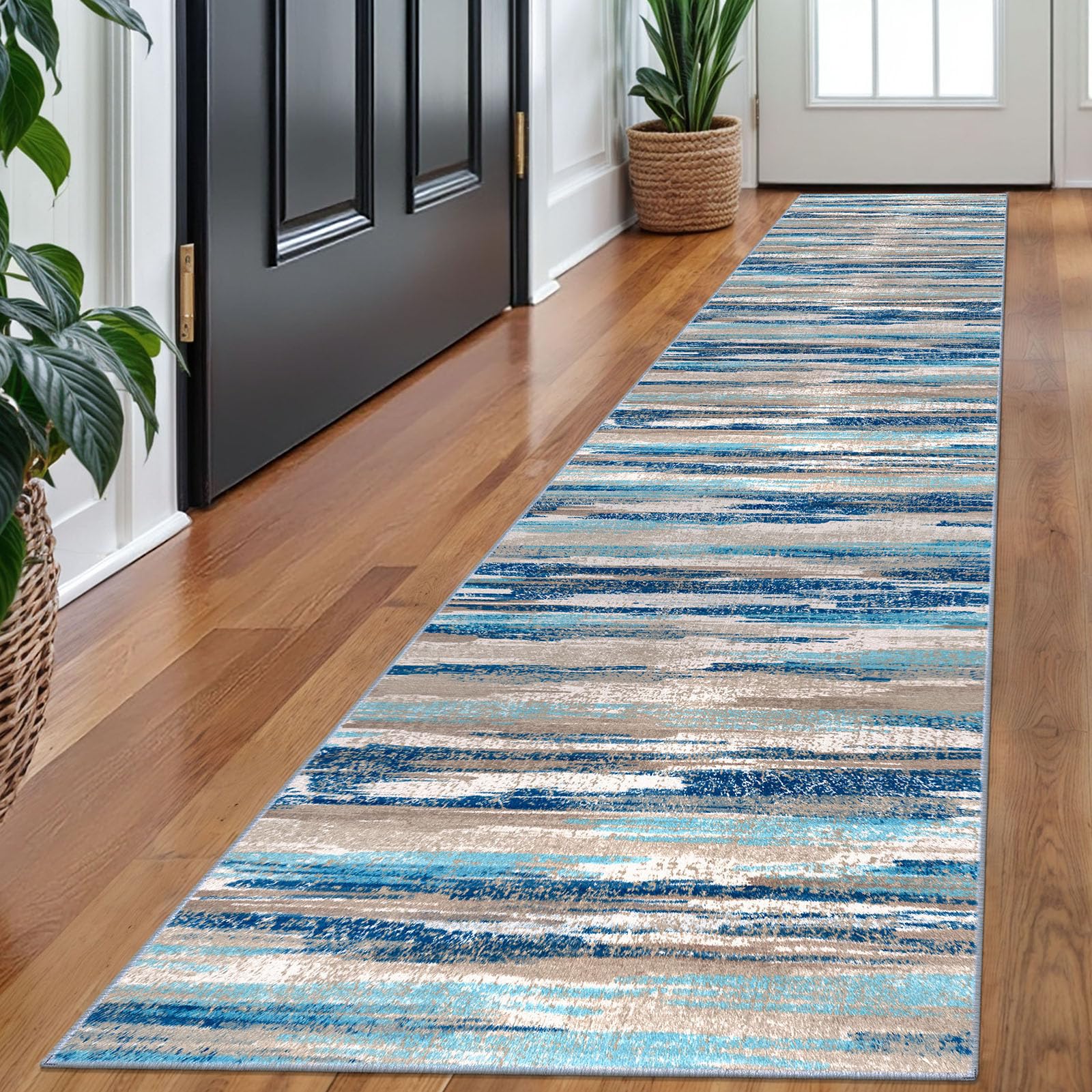 Amazon.com: Lansny Modern Abstract Runner Rug 2x10, Blue Washable Long ...
