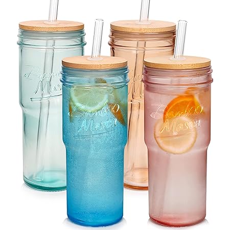 Amazon.com: ANOTION Colored Glass Cups with Lids and Straws - 24oz ...