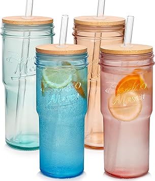 Amazon.com | ANOTION Colored Glass Cups with Lids and Straws - 24oz Travel Coffee Mug Wide Mouth ...