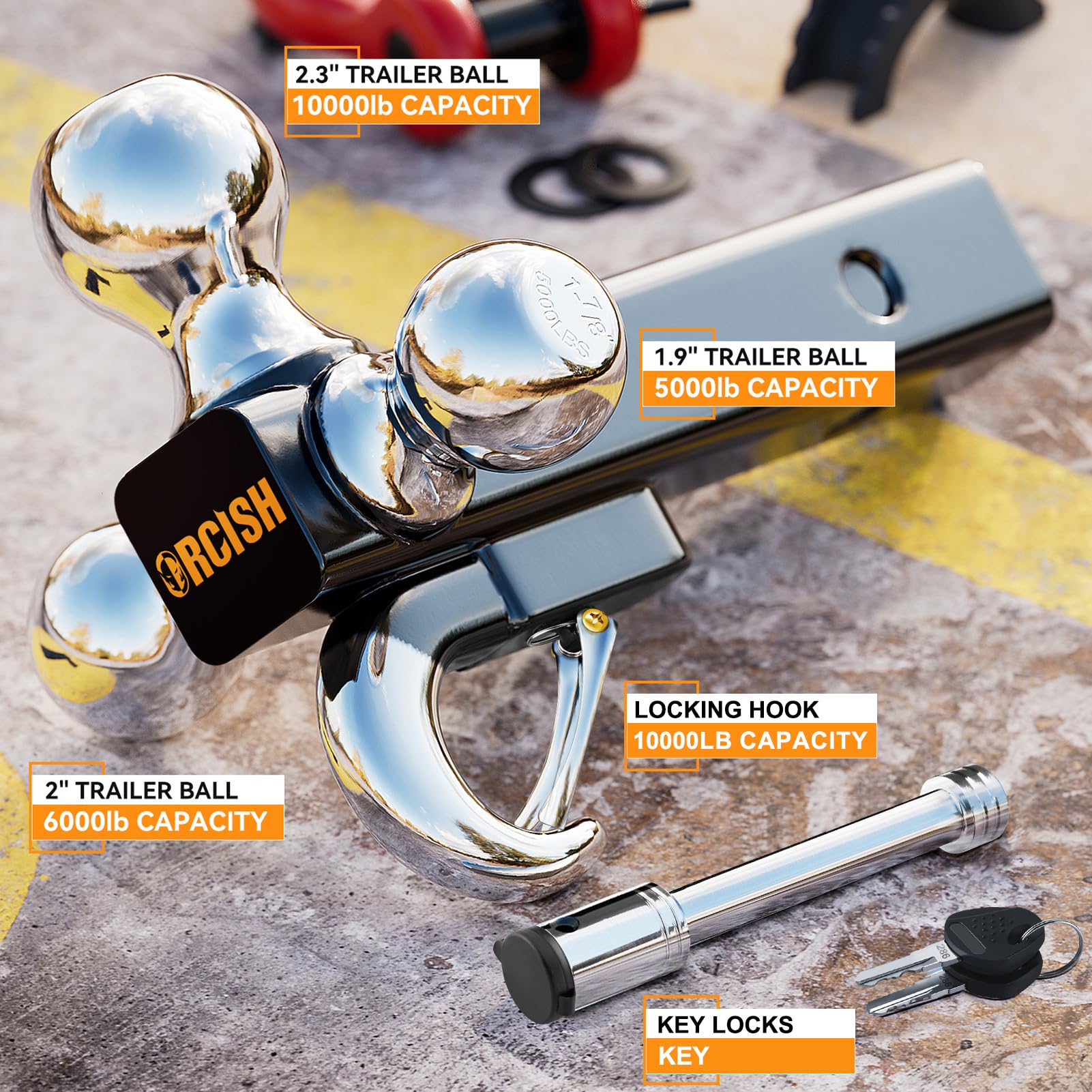 ORCISH Trailer Hitch Tri-Ball Mount with Hook Contain Secure Self-Lock ...