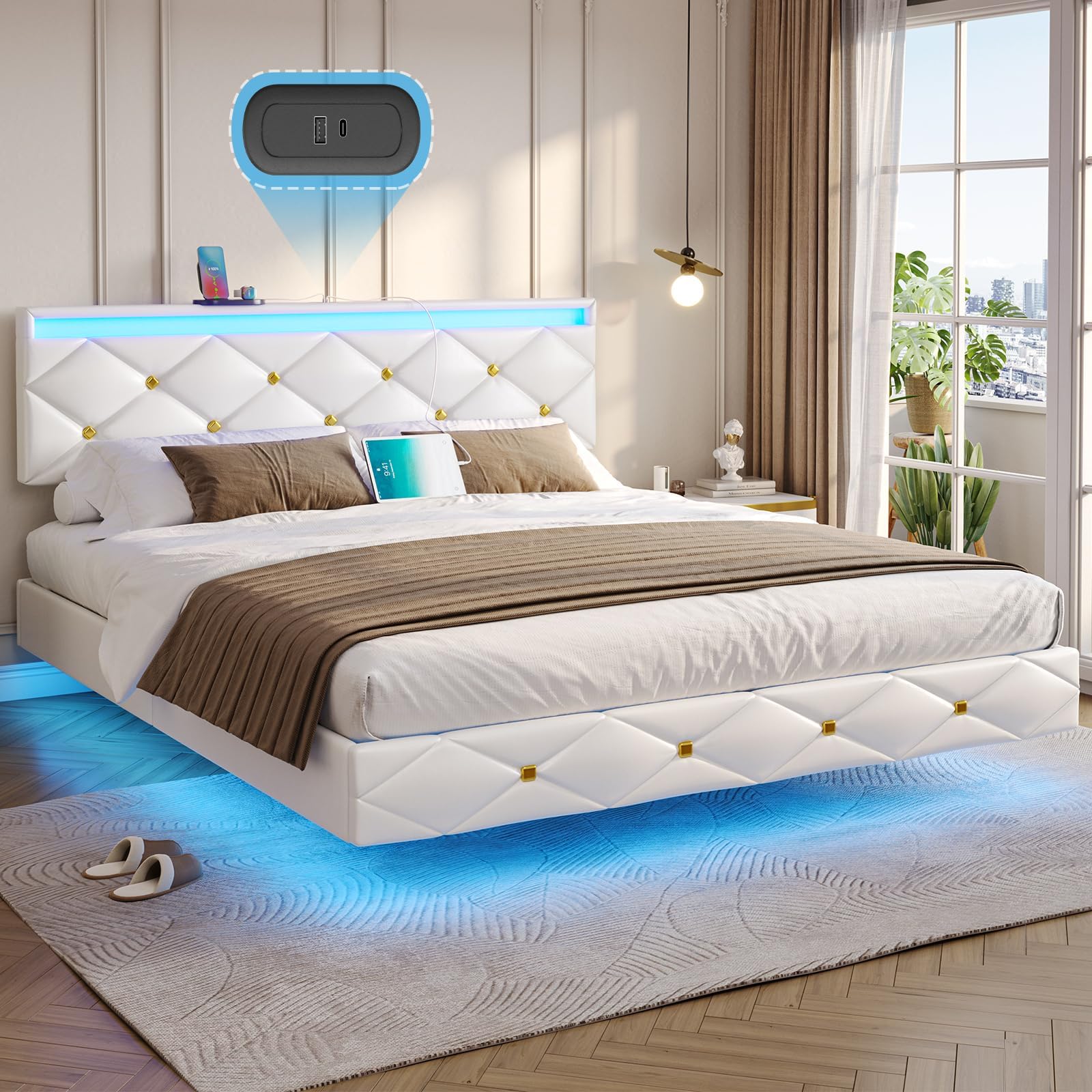 Amazon.com: Queen Size Floating Bed Frame with LED Lights and USB ...