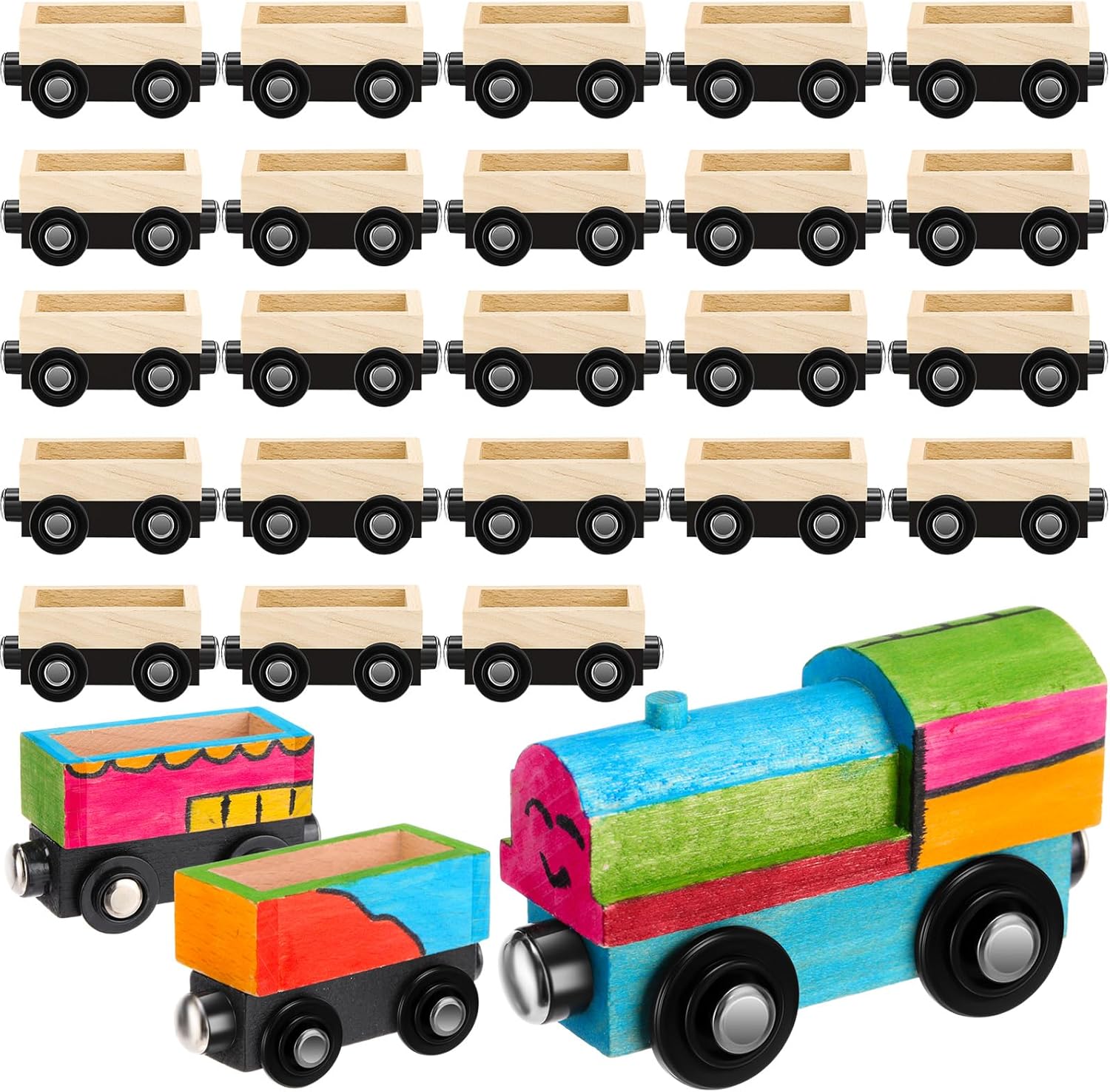 Amazon.com: Lenwen 26 Pcs Unpainted Magnetic Wooden Trains Cars ...
