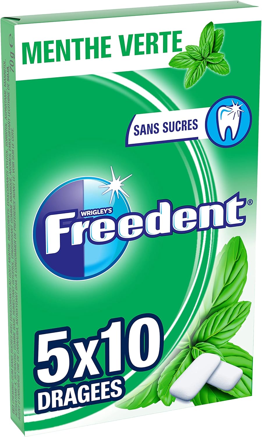 FREEDENT - Chewing-gum Menthe Verte sans sucres - 5 paquets de 10 ...