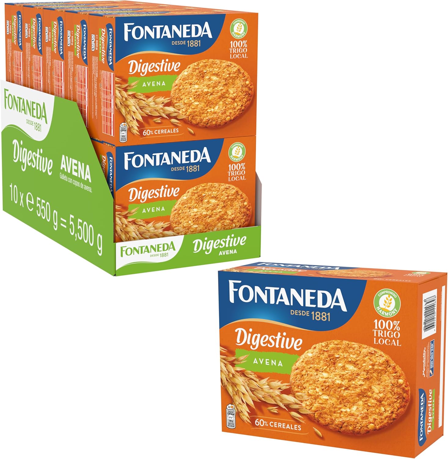 Fontaneda Galletas Digestive con Avena, Rico en Fibra, 10 Cajas de 550 ...
