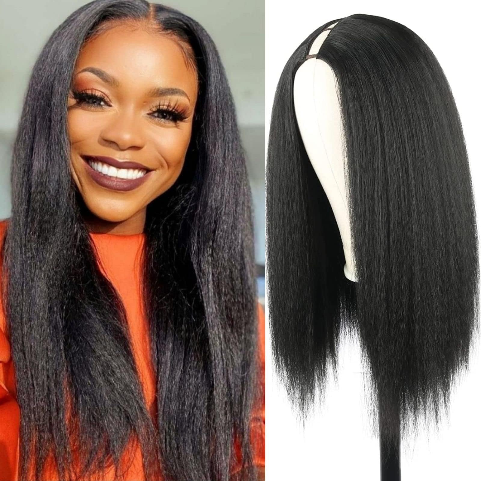 Amazon.com : LEOSA Black Yaki Kinky Straight V Part Wig for Black Women ...